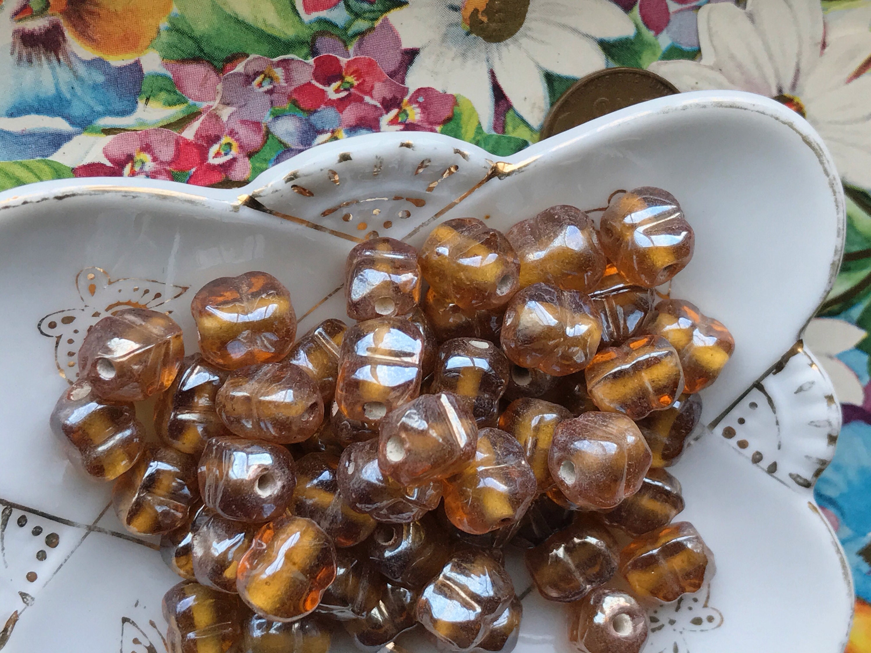 Vintage Glass Luminescent Topaz Beads Pressed Glass Beads | Etsy