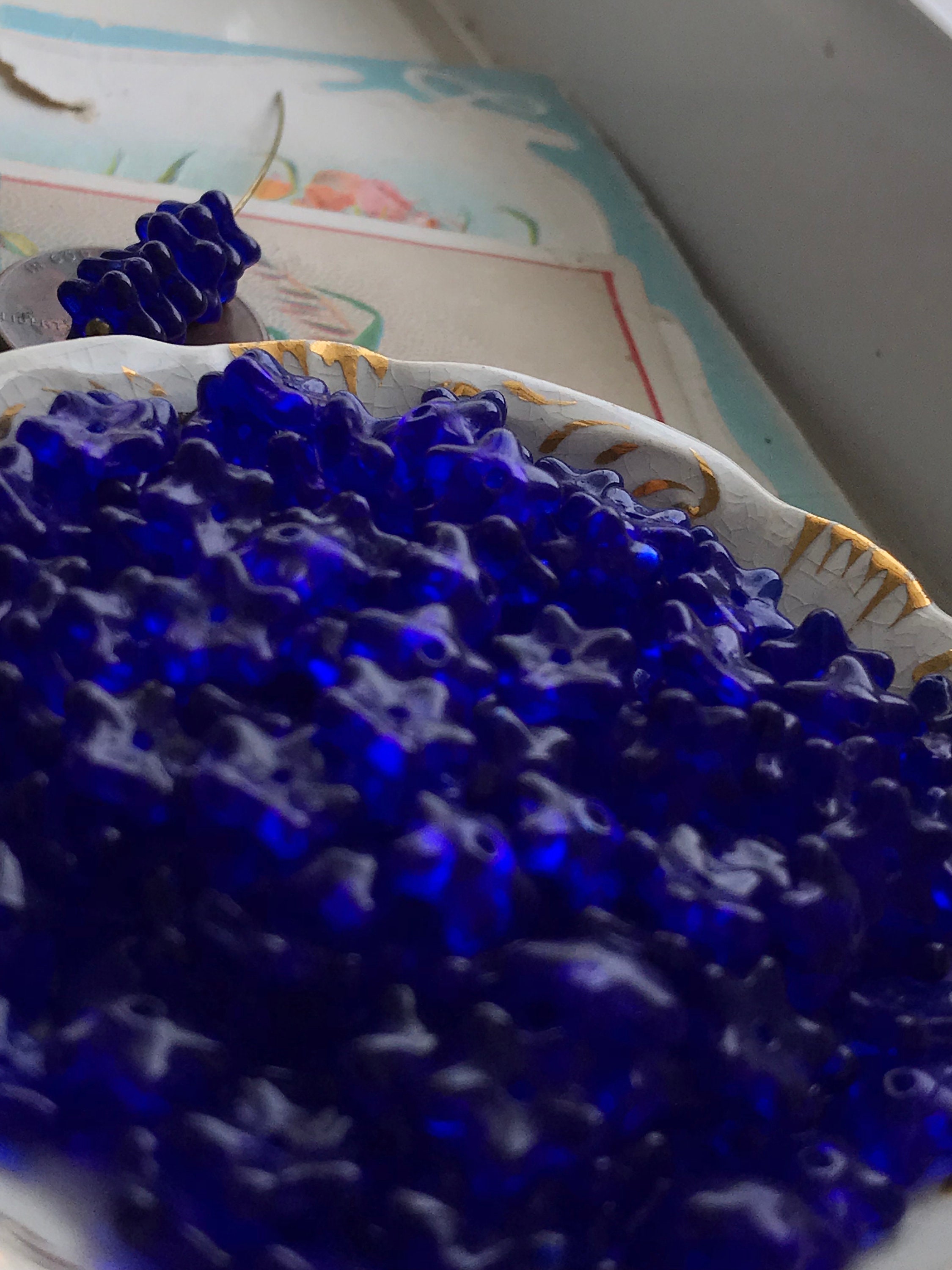 Vintage Glass Beads Blue Flowers Beads 8x3mm Beads Spacer Etsy