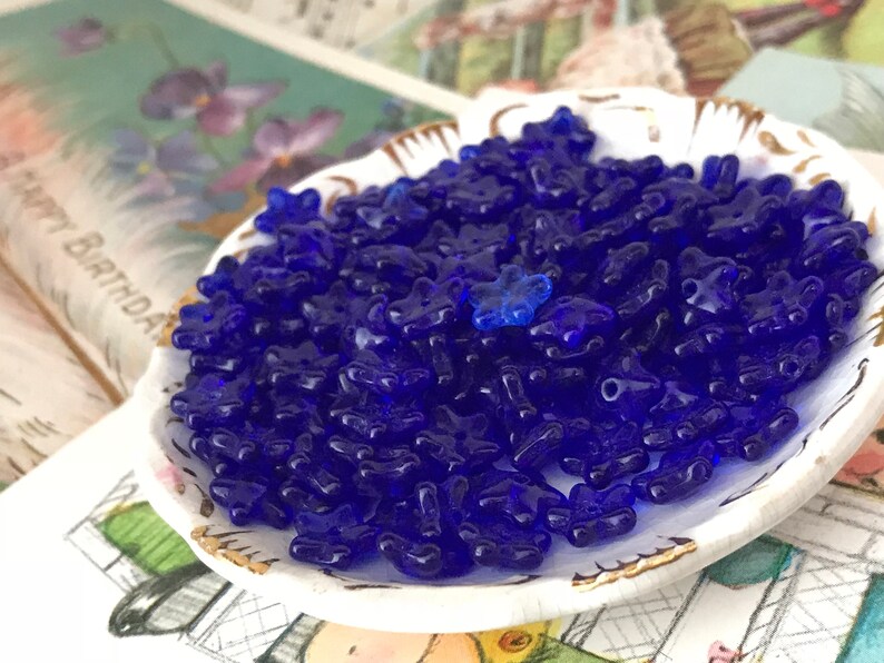 Vintage Glass Beads Blue Flowers Beads 8x3mm Beads Spacer Etsy