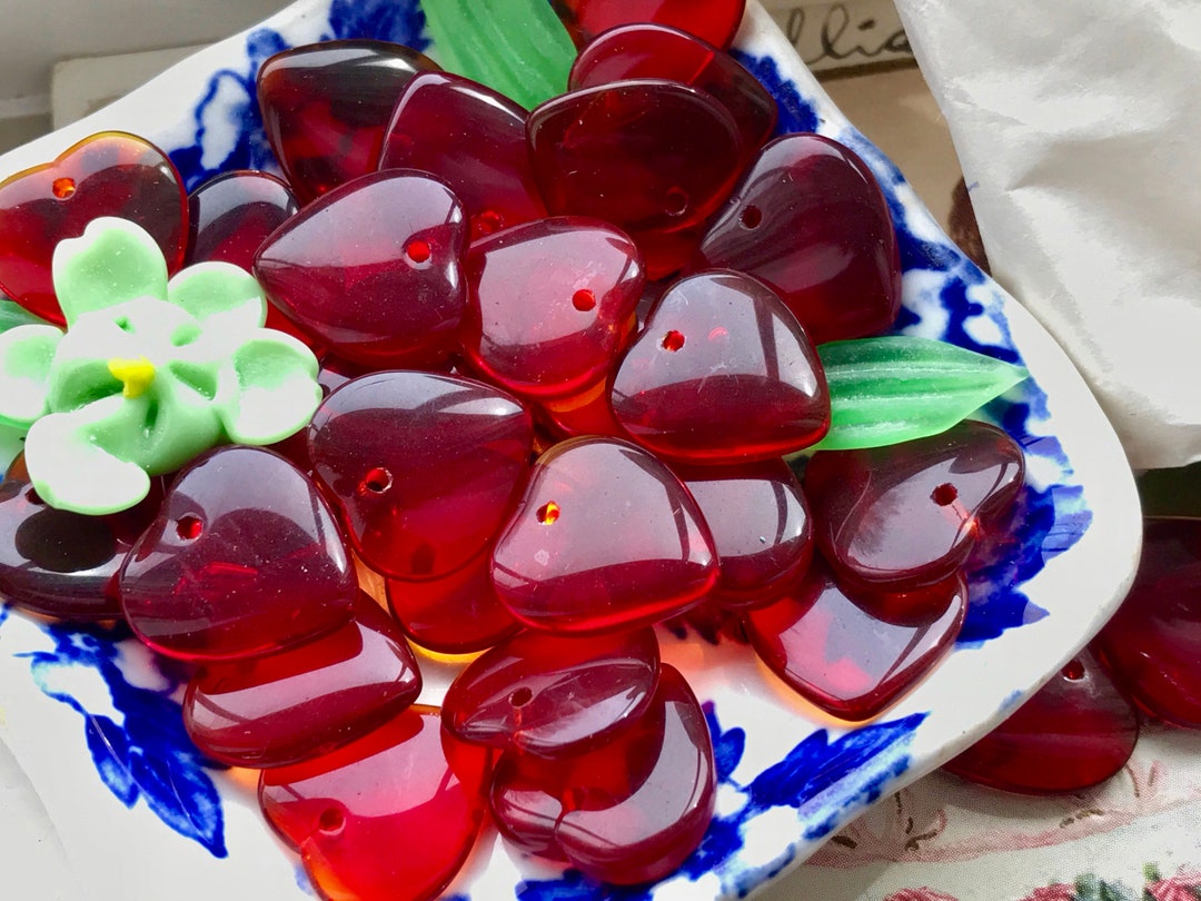 Vintage Glass Heart Drops, Red Hearts, Valentines Day Beads, Made in ...