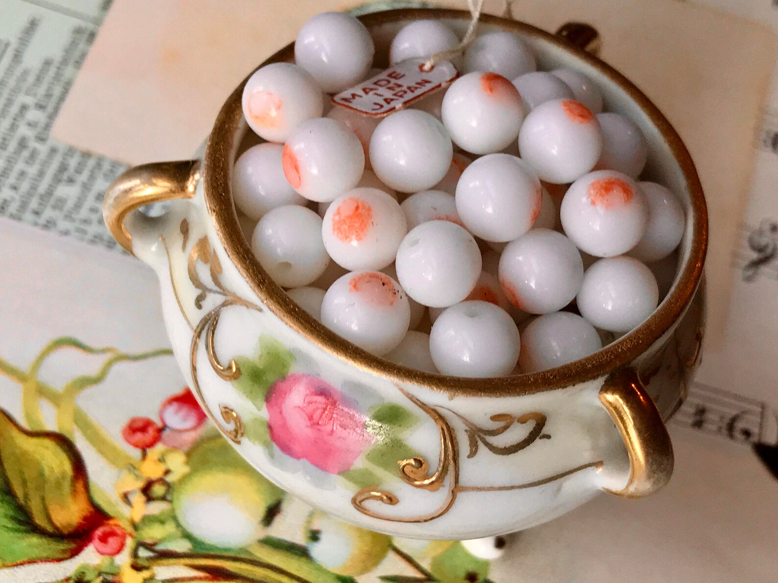 15 Vintage Beads, Half Drilled Beads, One Hole Beads, Chalk White Coral ...