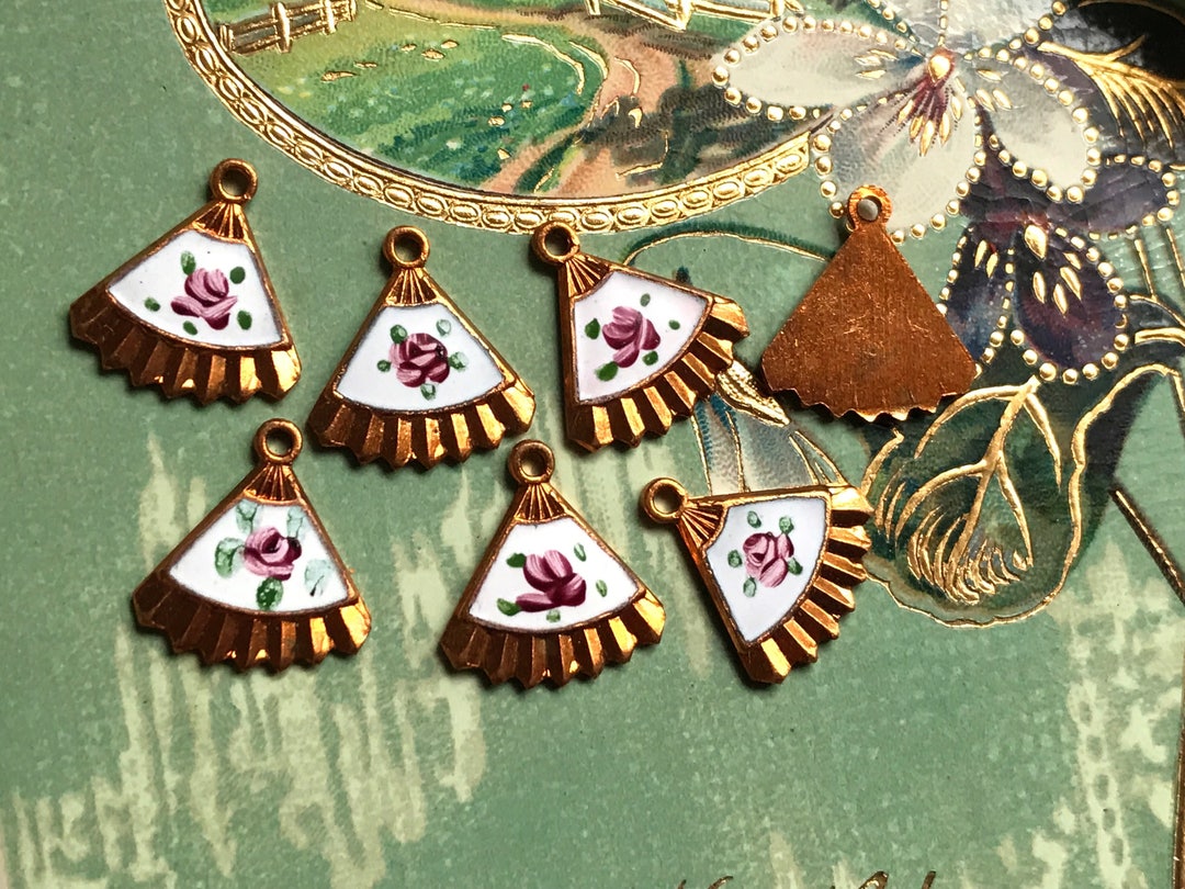 2 Vintage Guilloche Charms, Fan Charms, Enamel Charms, Hand Painted ...