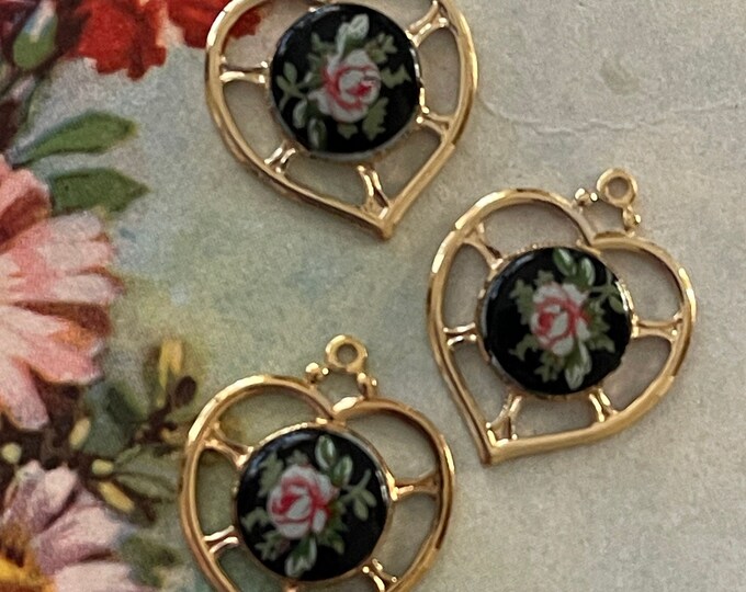 Vintage Floral Heart Charms, 2pcs, Red Rose Charm, Heart Charms ...