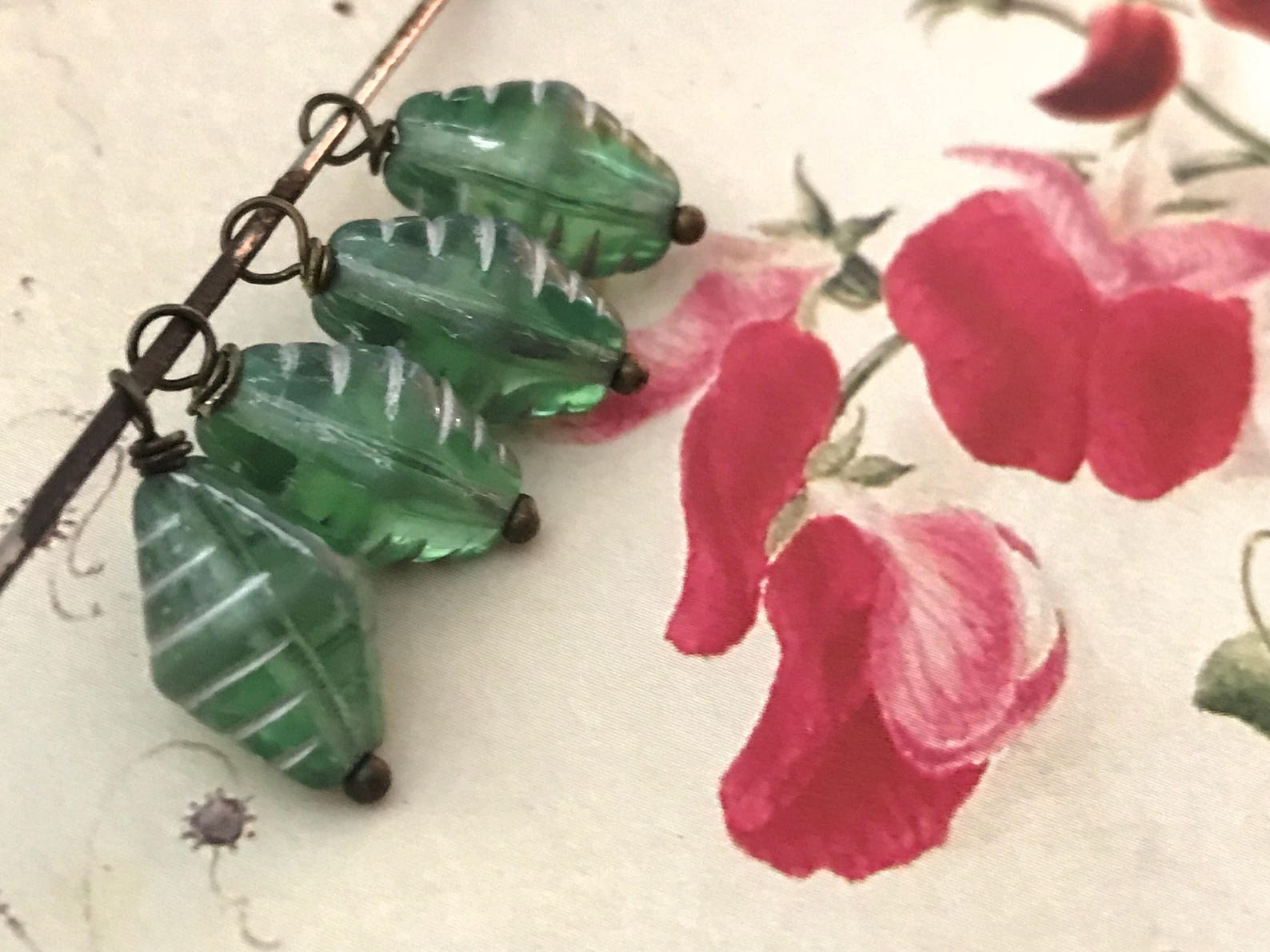 Vintage Glass Beads, Green 14mm Beads, Striped Beads, Etched Beads ...