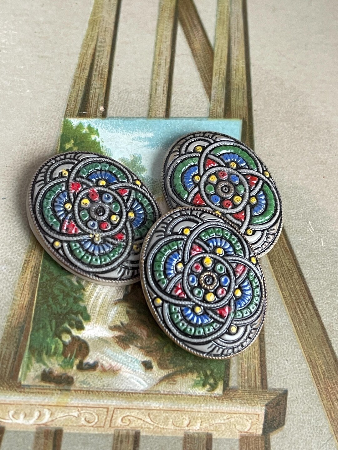 Vintage Mosaic Cabochon, Glass Western Germany Cabochon, Hand Painted ...