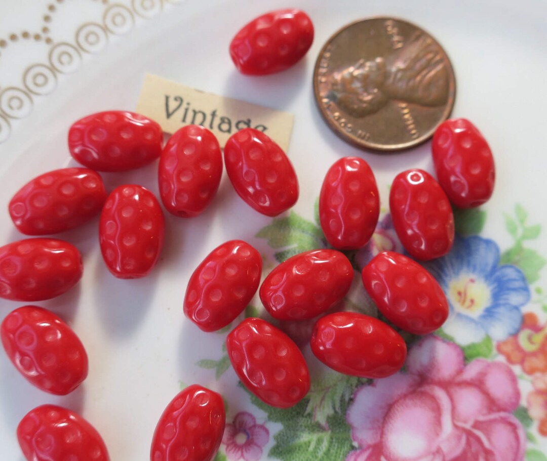 Vintage Glass Strawberry Beads, Dimpled Beads, Berry Beads, Red Berries ...