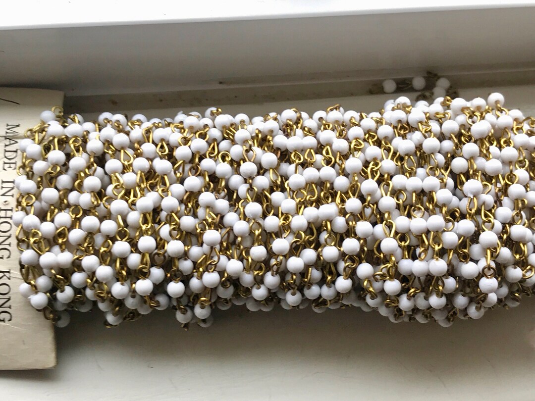 Vintage White Beaded Chain, Gold Tone Links, Jewelry Making (30") - Etsy