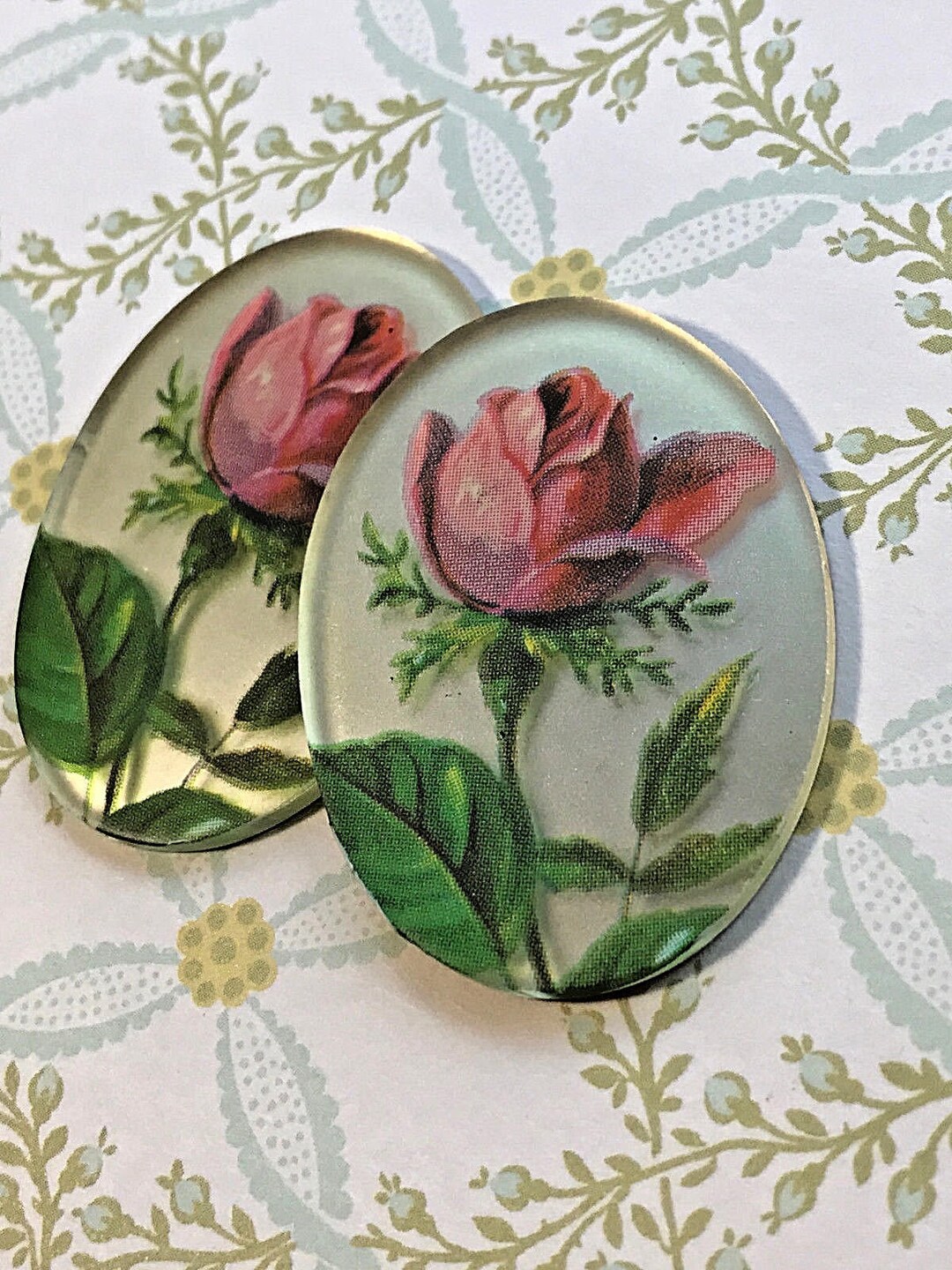Vintage Glass Cabochons Mirrored Pink Rose Victorian Roses NOS 18x30 ...
