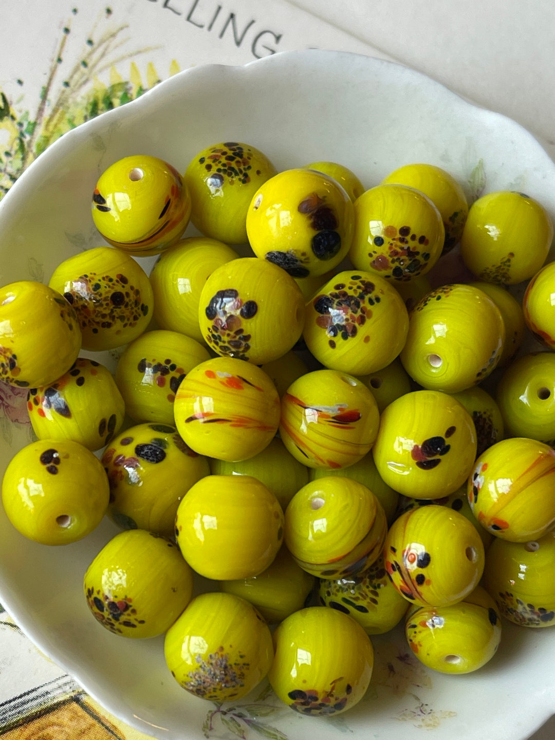 Vintage Yellow Art Glass Beads, Millefiori Jewelry Making (6pcs, 10mm ...