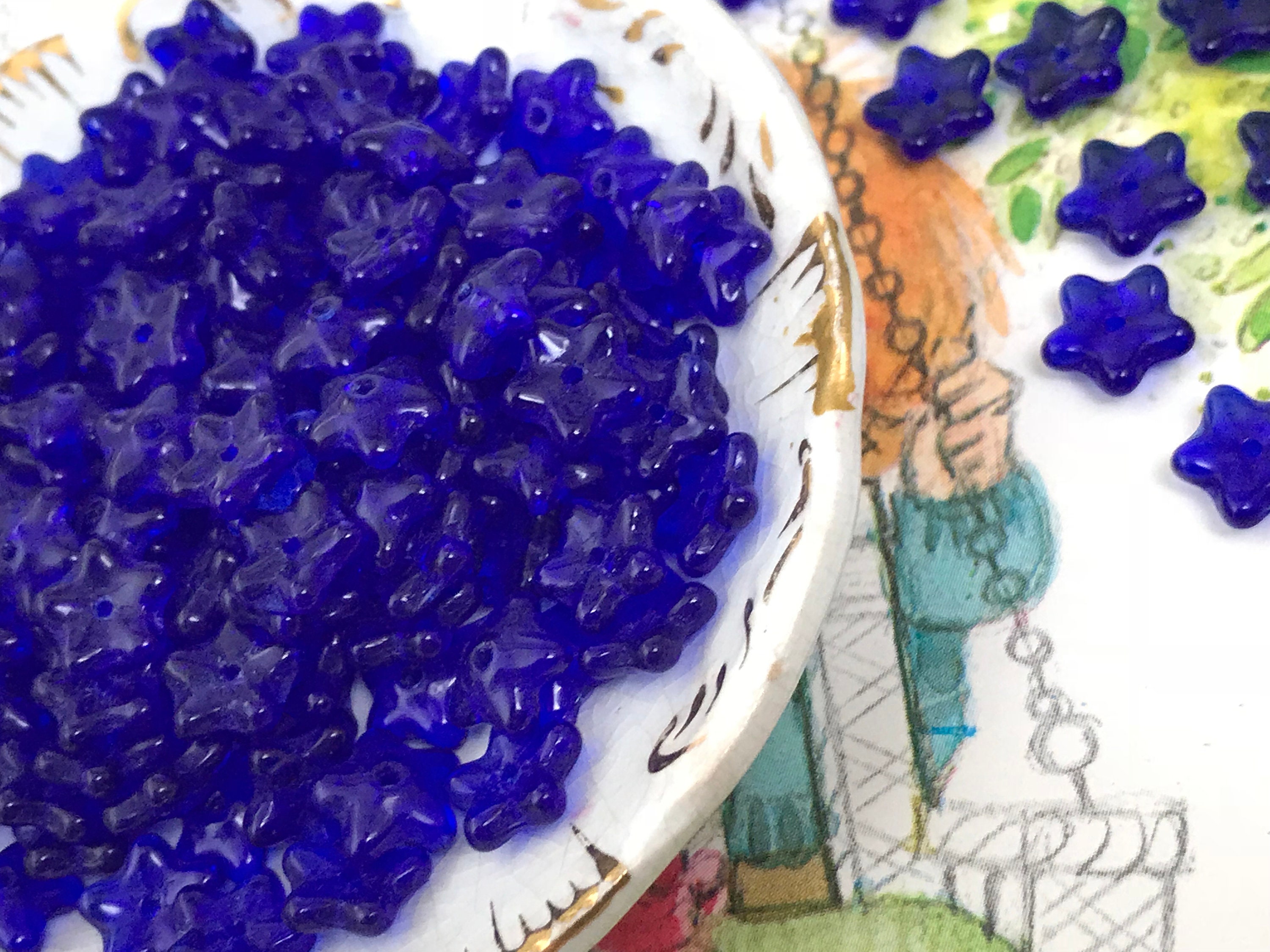 Vintage Glass Beads Blue Flowers Beads 8x3mm Beads Spacer Etsy