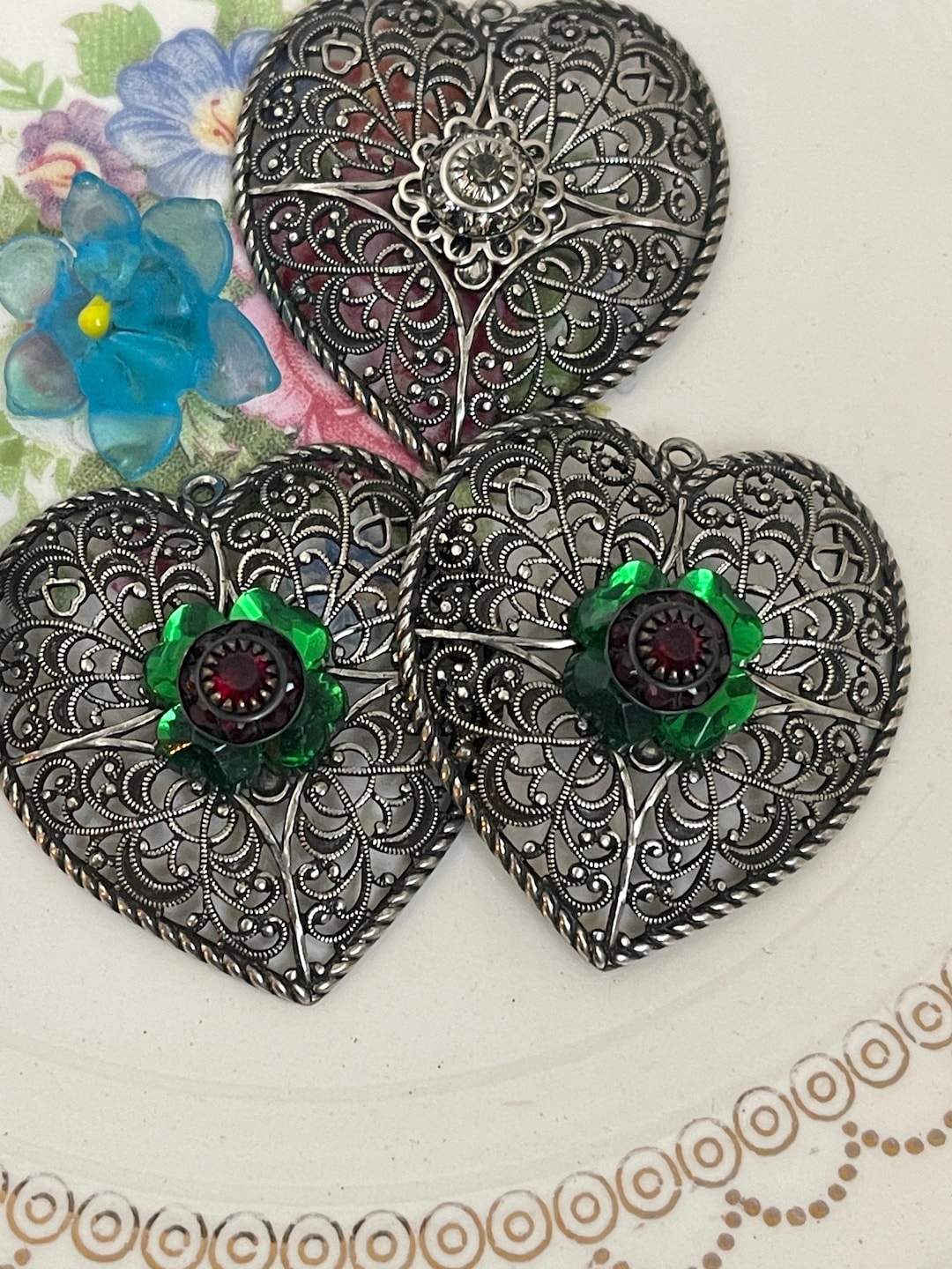 Vintage Filigree Heart Pendants, 1pc, Rhinestone Heart, Valentines Day ...