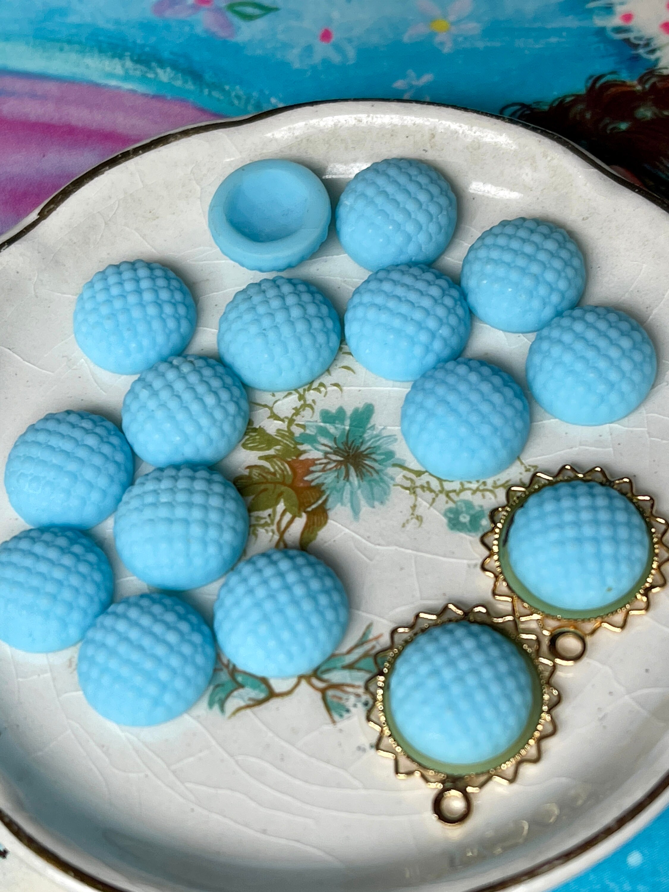 Vintage Glass Cabochon Blue Waffle Dome | Etsy