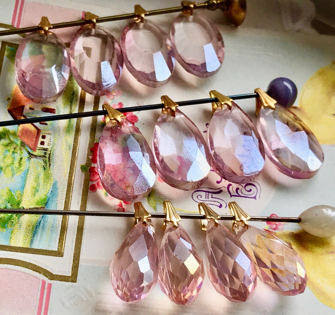 Pink Glass Drops, Transparent Pink Drops, Shabby Chic Beads, Vintage ...