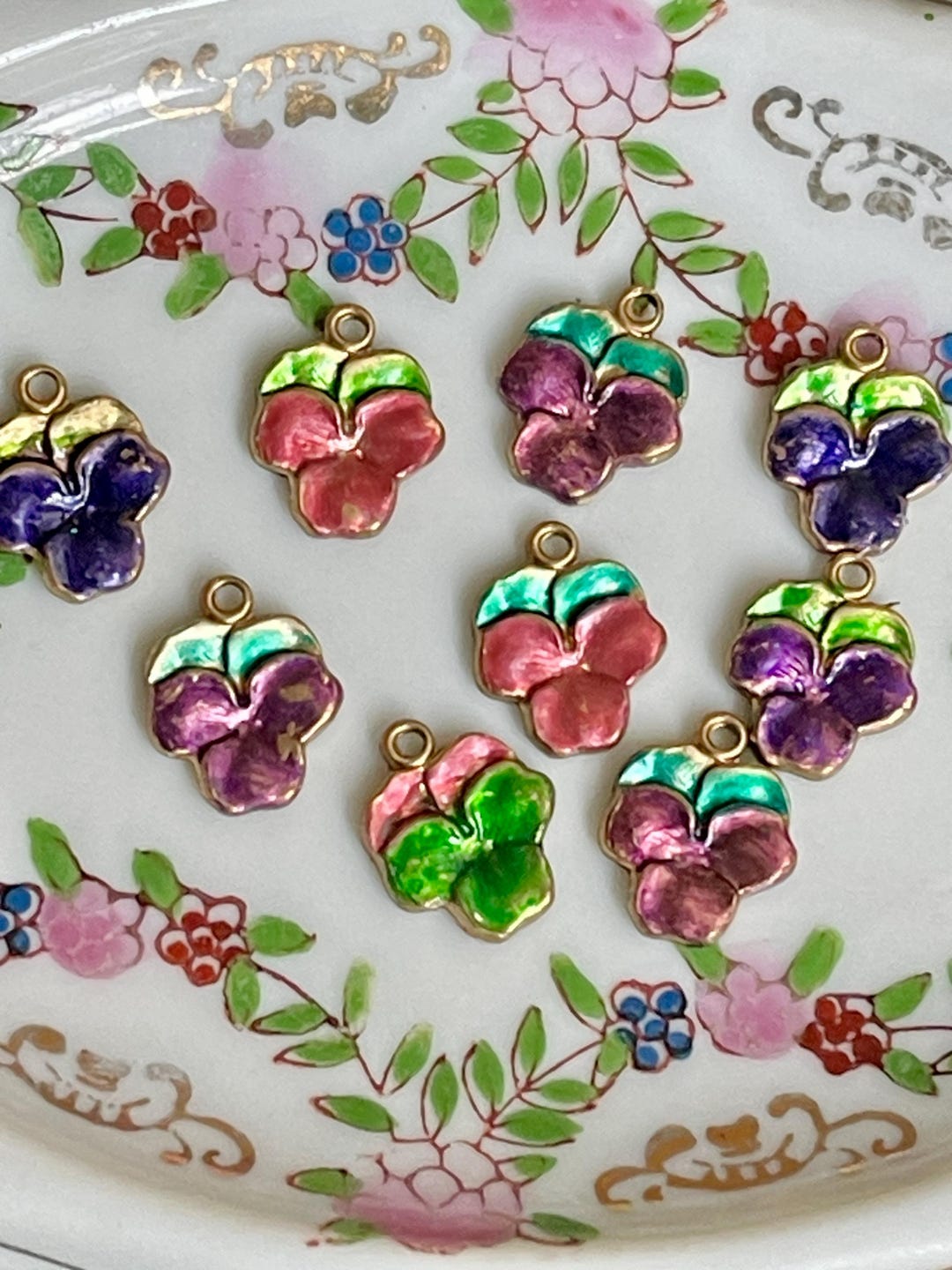 Pansy Charms, Vintage Brass Pansies, Purple Pansy Charms, Enamel Pansy ...