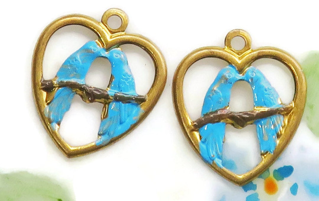 Vintage Brass Bird Charms Blue Bird Bluebirds Love Birds Stamping Heart ...