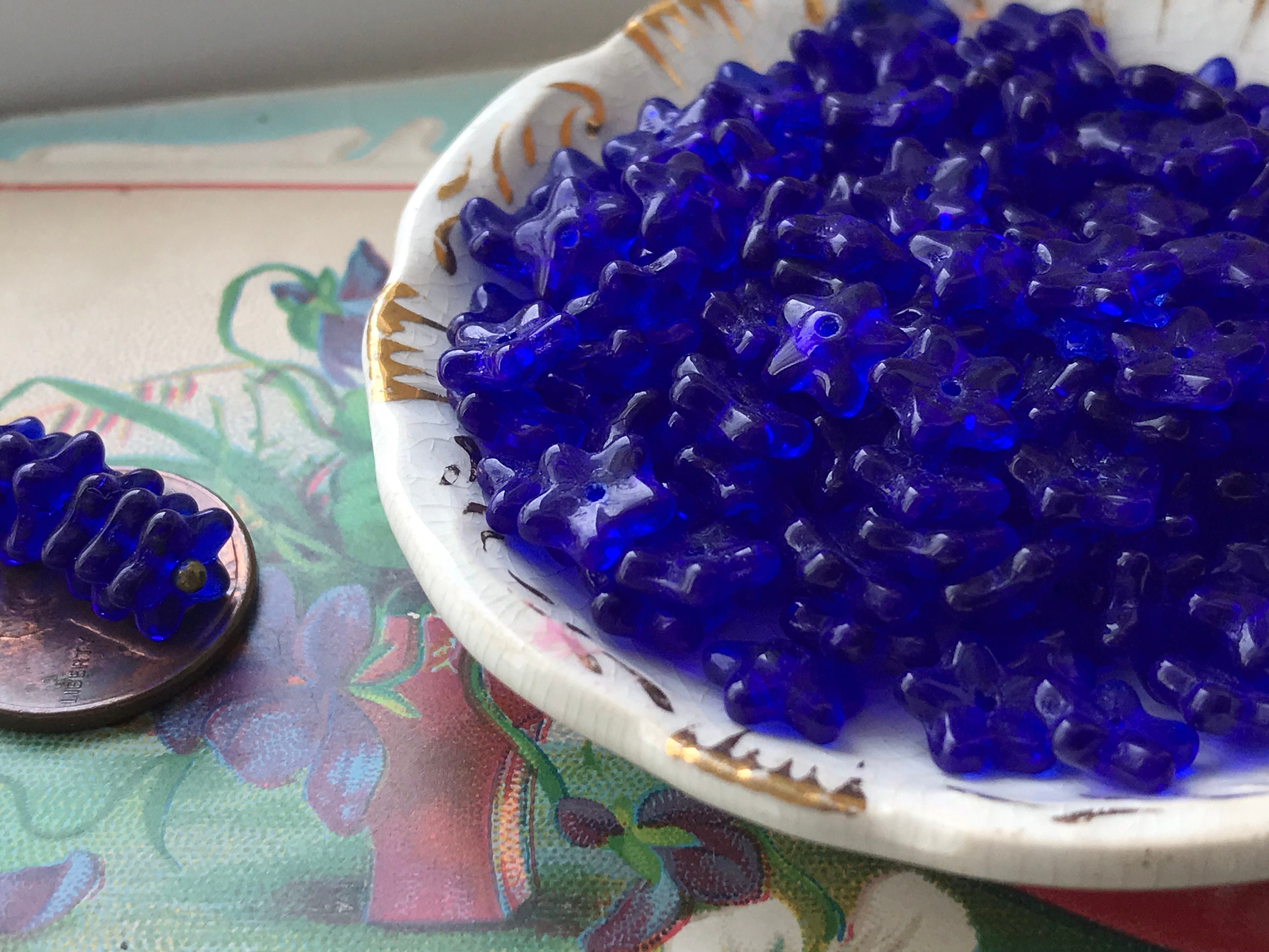 Vintage Glass Beads Blue Flowers Beads 8x3mm Beads Spacer Etsy