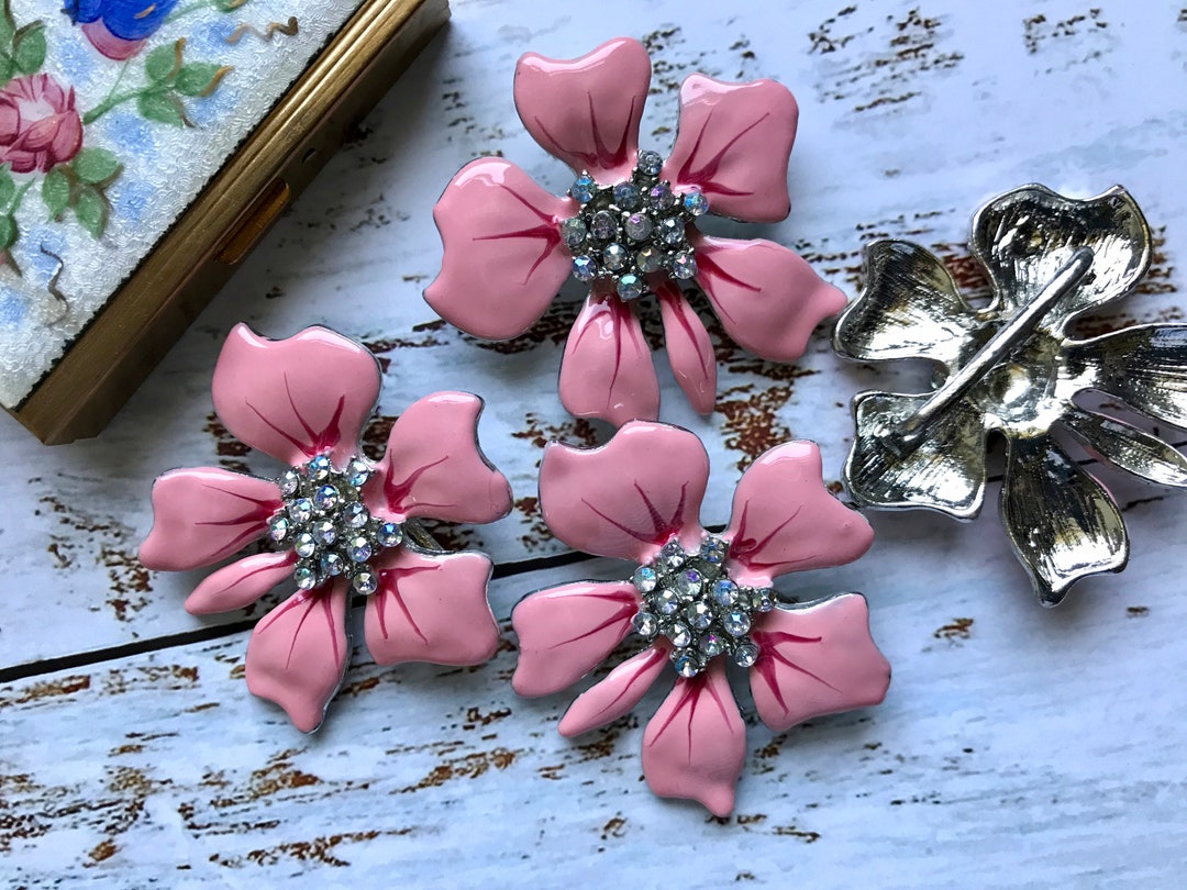 Assemblage Jewelry, Enamel Flower Power, Pink Enamel Flowers, Ribbon ...