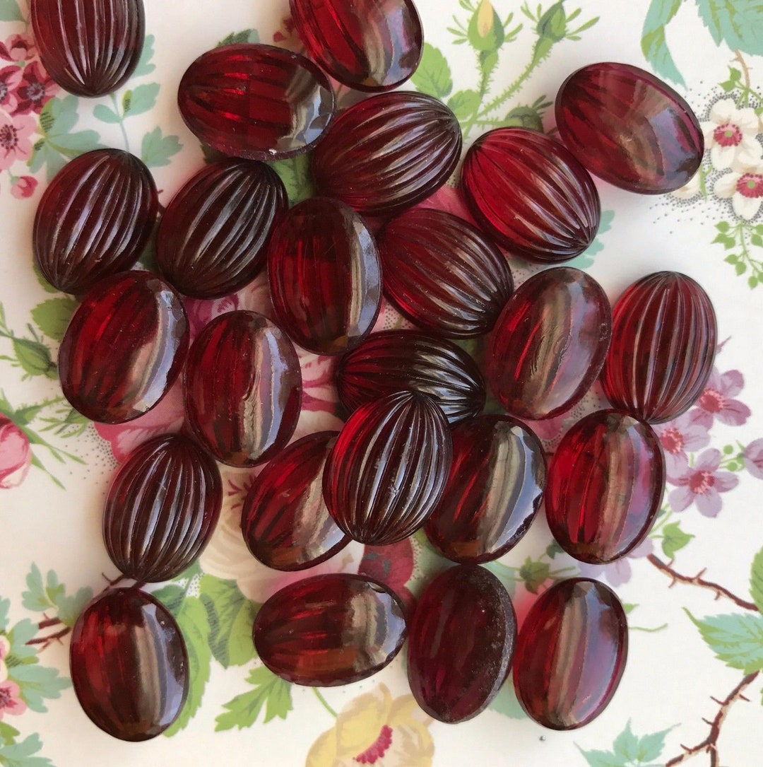 Vintage Ruby Glass Cabochons, Red Ribbed Cabochons, Ruby Oval Old Old ...