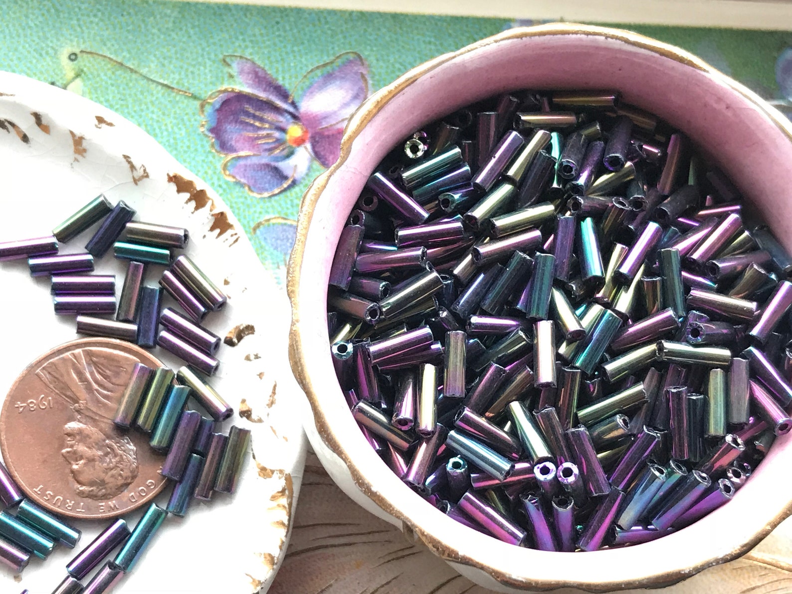 Vintage Peacock Beads Iridescent Bugle Beads Black Bugle - Etsy