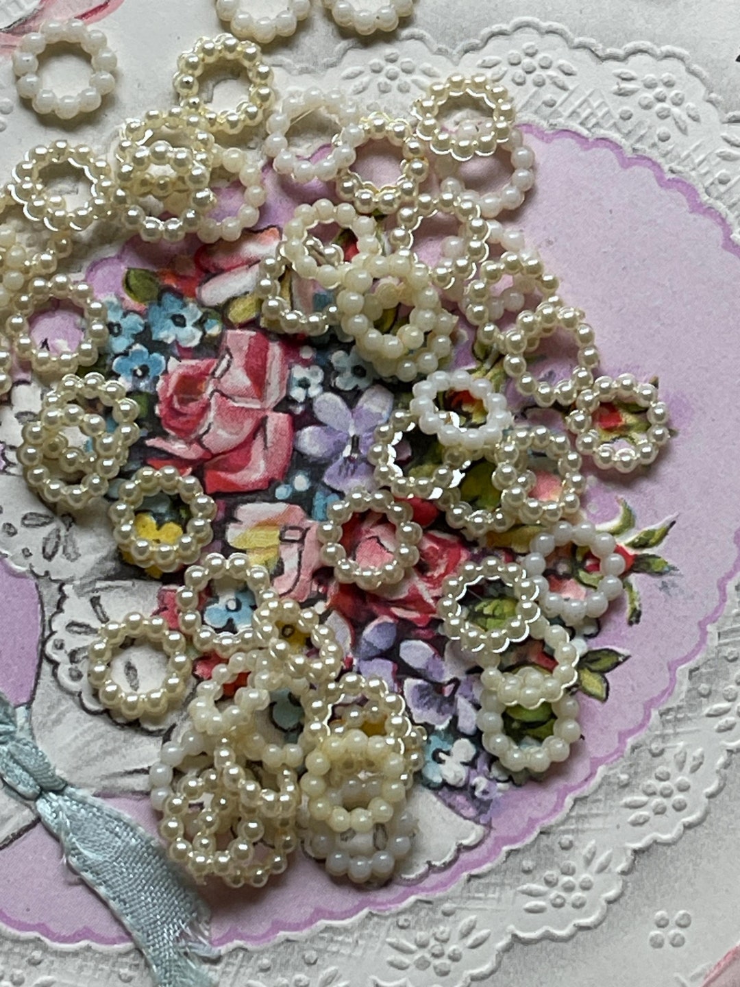 Vintage Lace Beads, Plastic Shabby Ivory Pearl Rings, Hoop Connecters ...