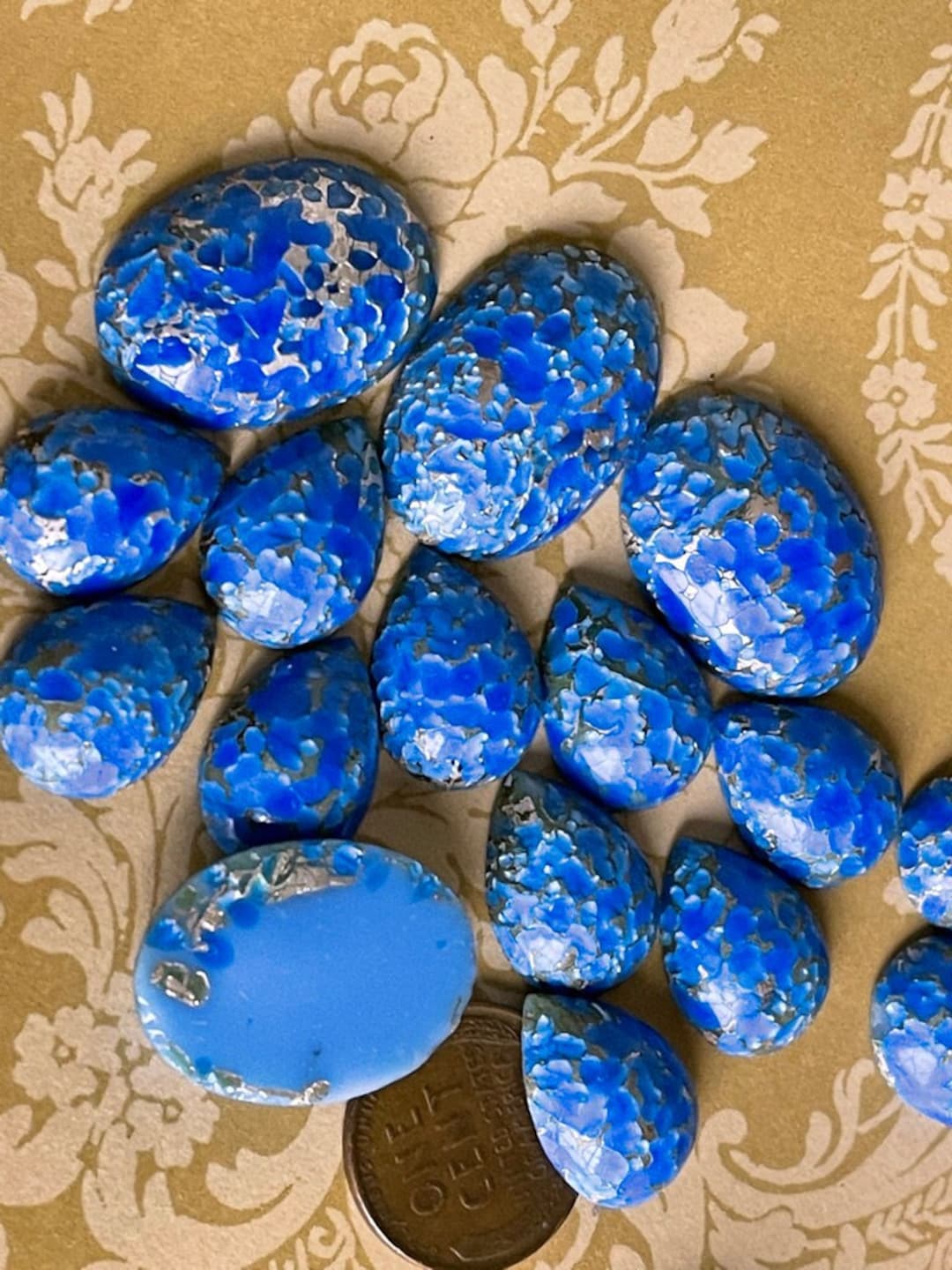 Vintage Blue Gold Mottled Matrix Pear Teardrop Glass Cabochon 18 X 13mm ...