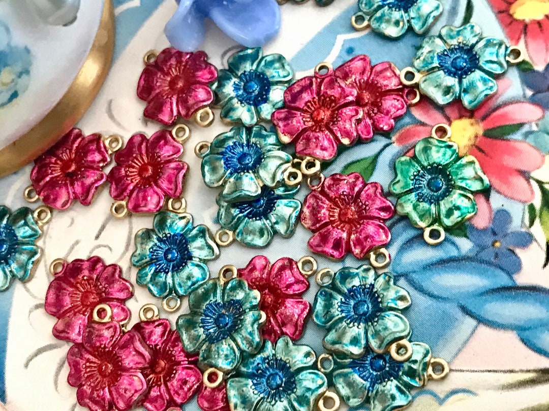 Brass Flower Connectors, Blue and Pink Flowers, Two Loops for ...