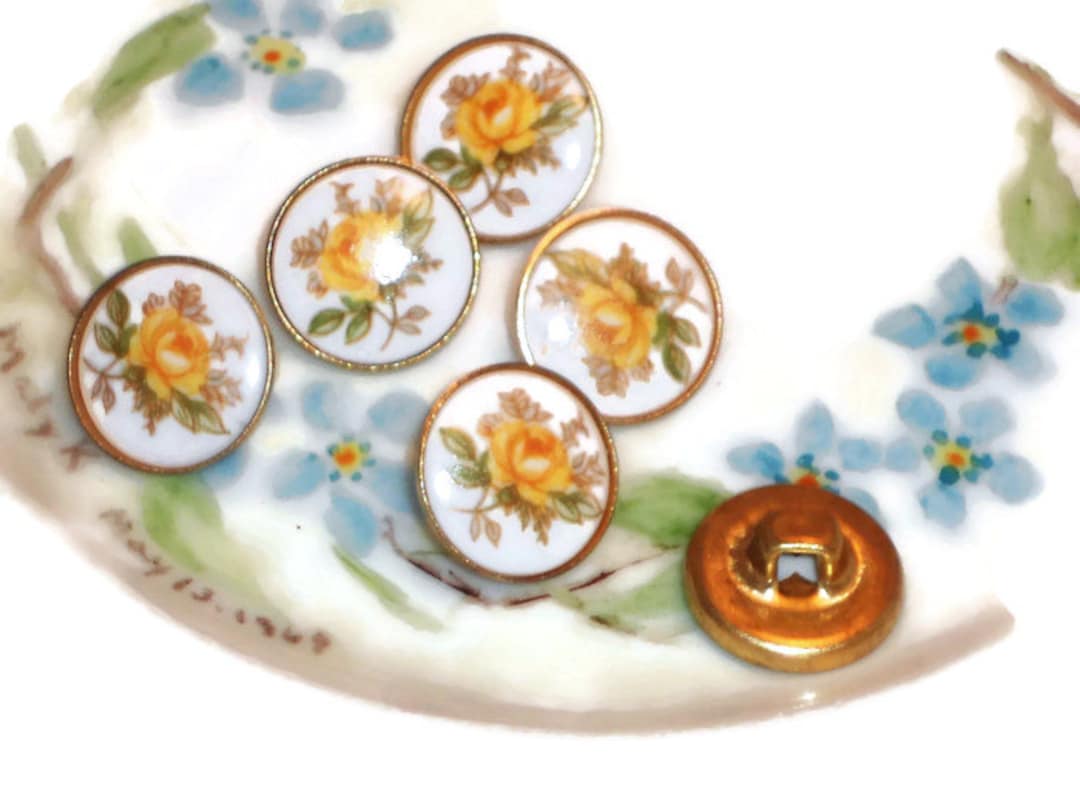 Vintage Glass Buttons, Yellow Rose Buttons,japanese Buttons, Flower ...