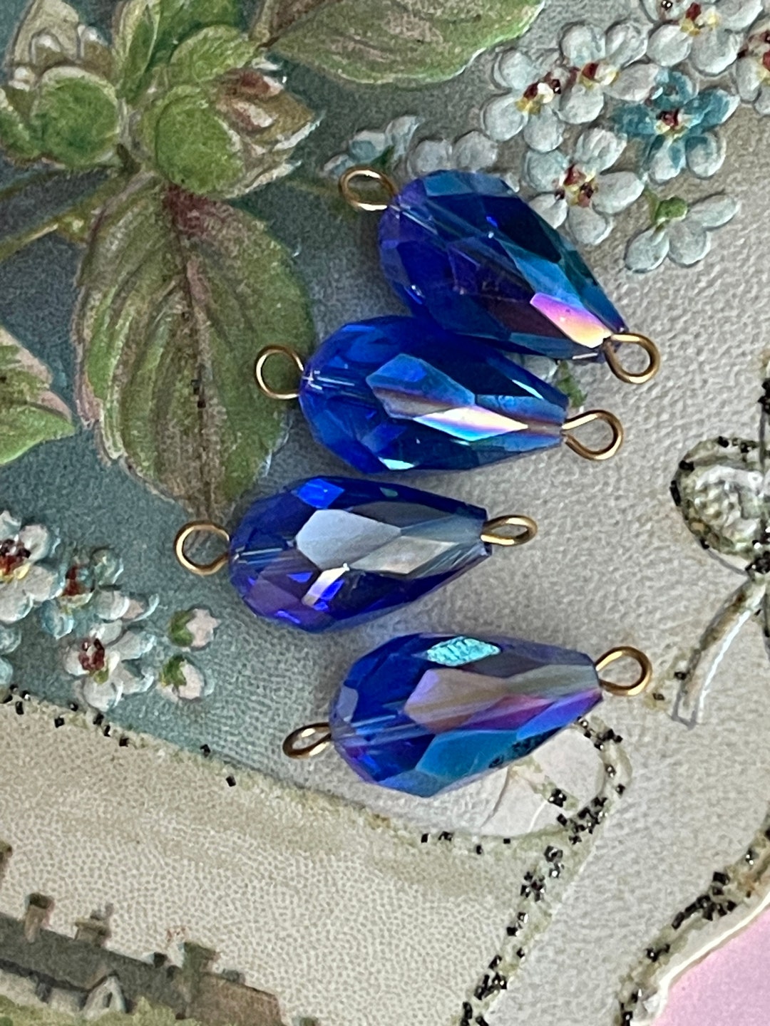 4 Czech Glass Connectors, Vintage, 10x16mm, Fire Polished Sapphire - Etsy