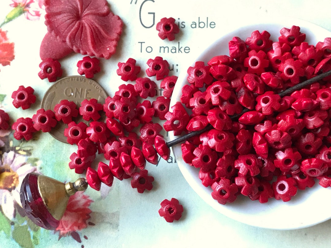 Vintage Red Flower Beads, Spacer Beads, Red Flowers, Tiny Flower Beads ...