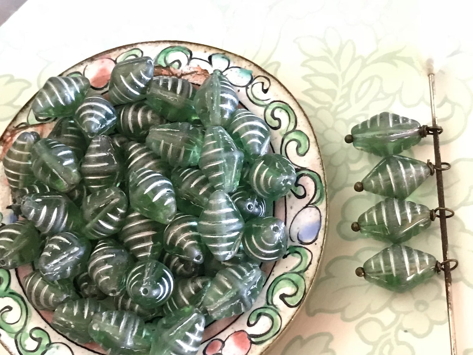 Vintage Glass Beads, Green 14mm Beads, Striped Beads, Etched Beads ...