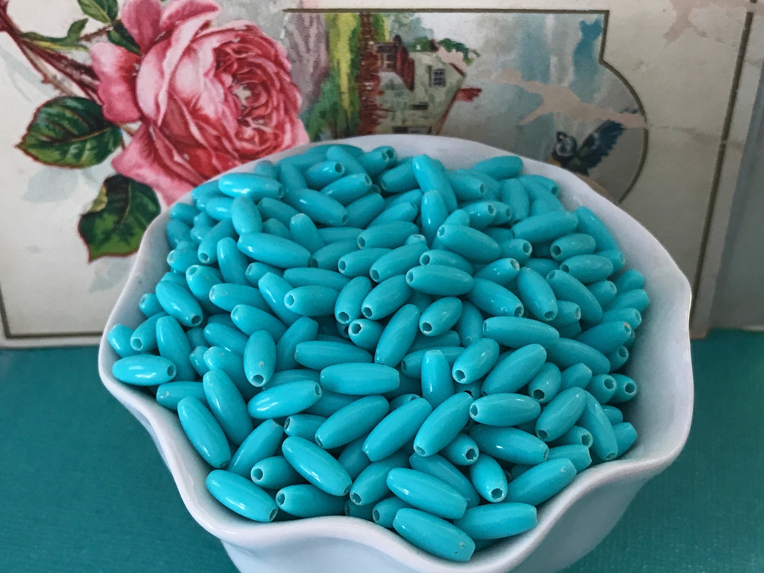 30 Aqua Vintage Beads Acrylic Beads 10x4mm Oval Beads Rice | Etsy