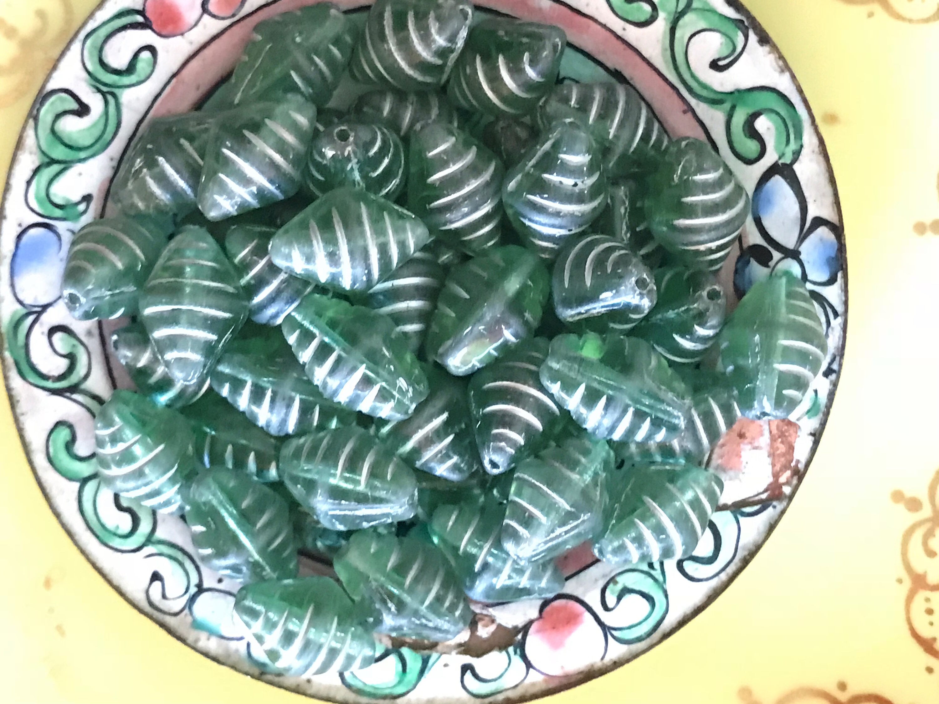 Vintage Glass Beads, Green 14mm Beads, Striped Beads, Etched Beads ...