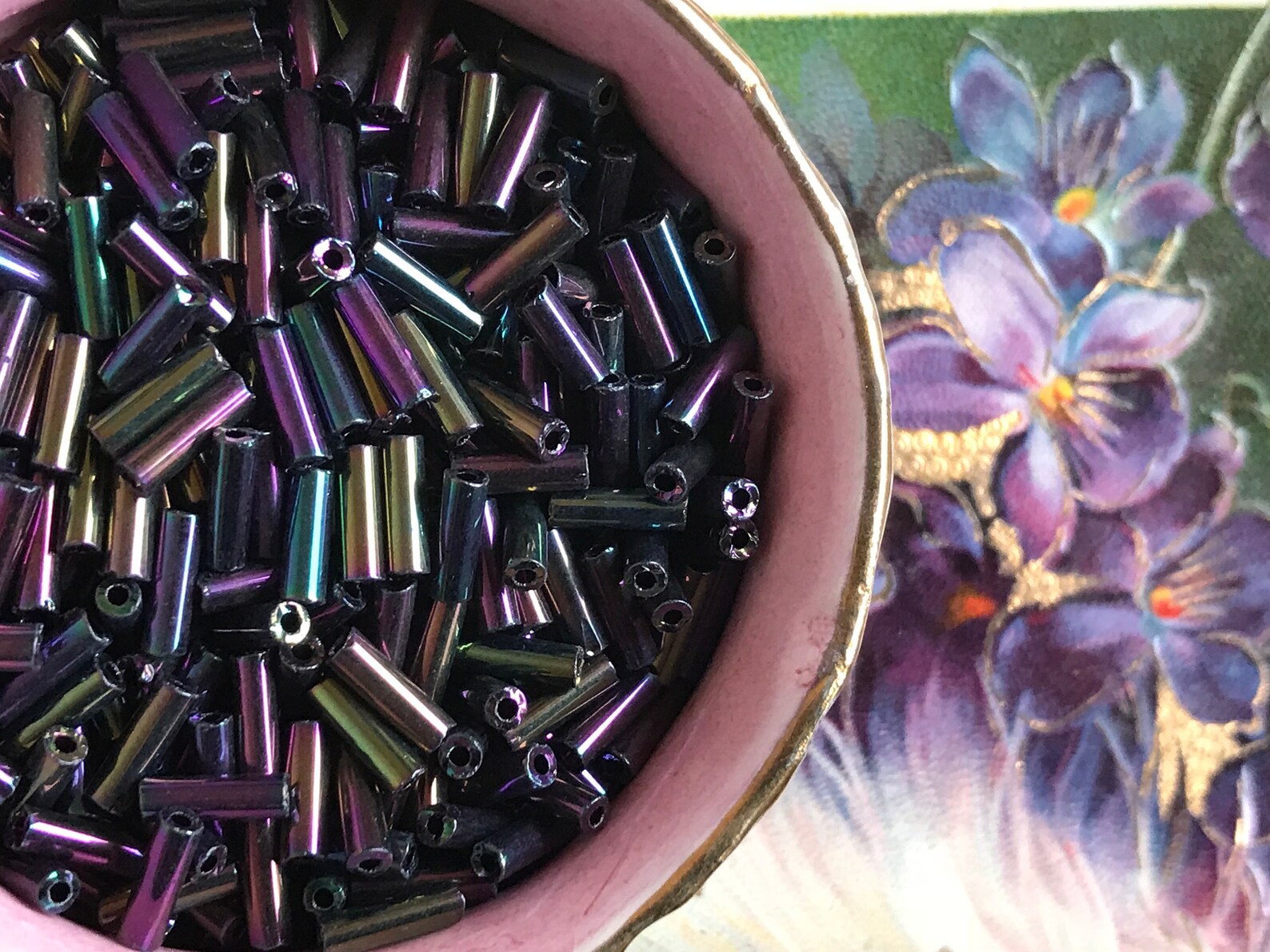 Vintage peacock beads Iridescent Bugle Beads Black Bugle | Etsy