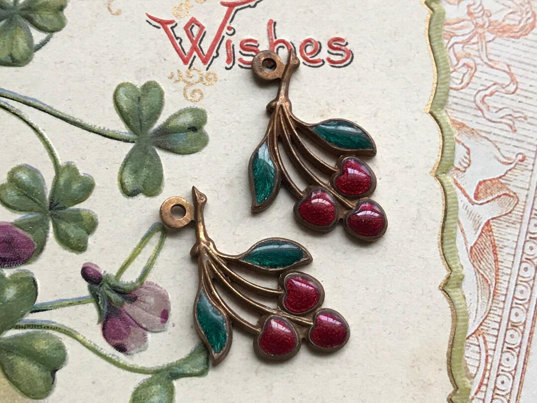 Vintage Cherry Charms, Enameled Cherries, Guilloche Charms, Enamel ...