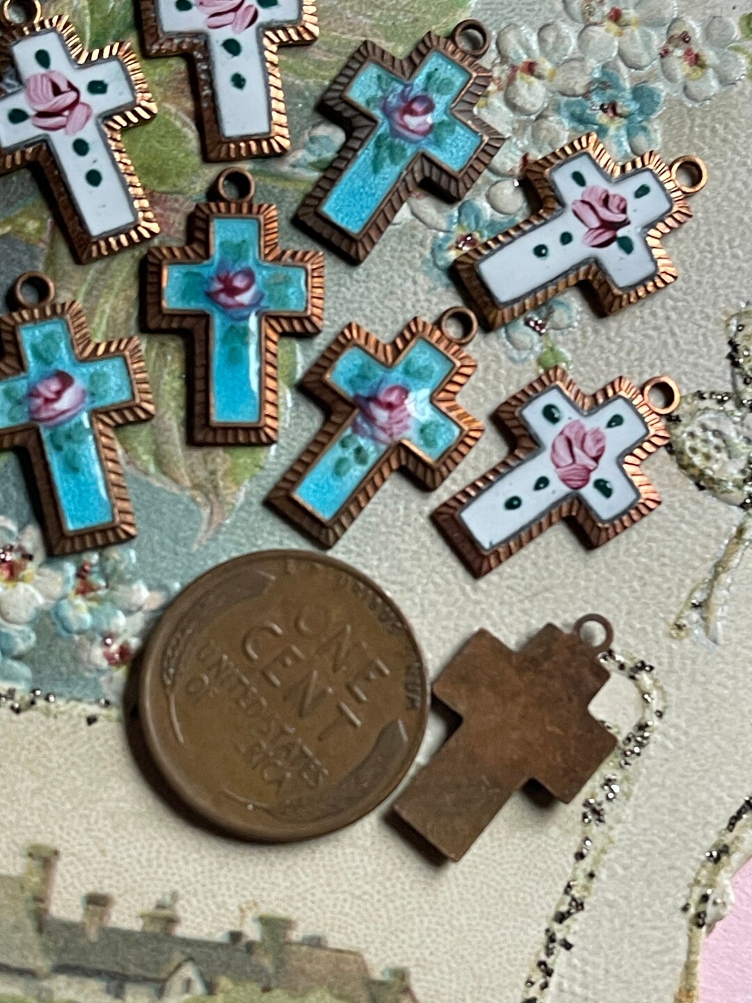 Enamel Cross Charms, Floral Cross Charm, 2pcs, 3/4" - Etsy