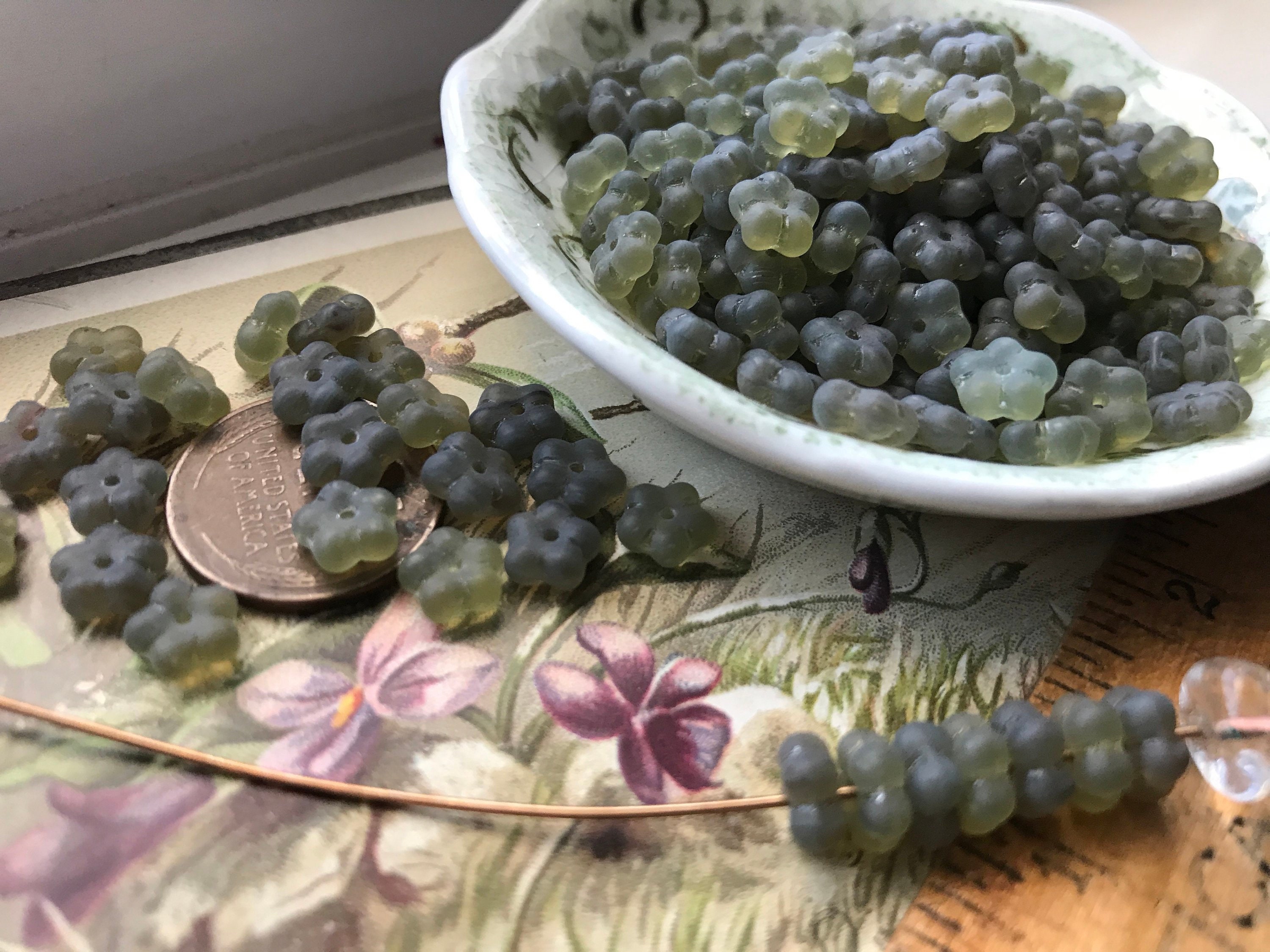 Sage Green Flower Beads Vintage Glass Flower Beads Spacers Etsy