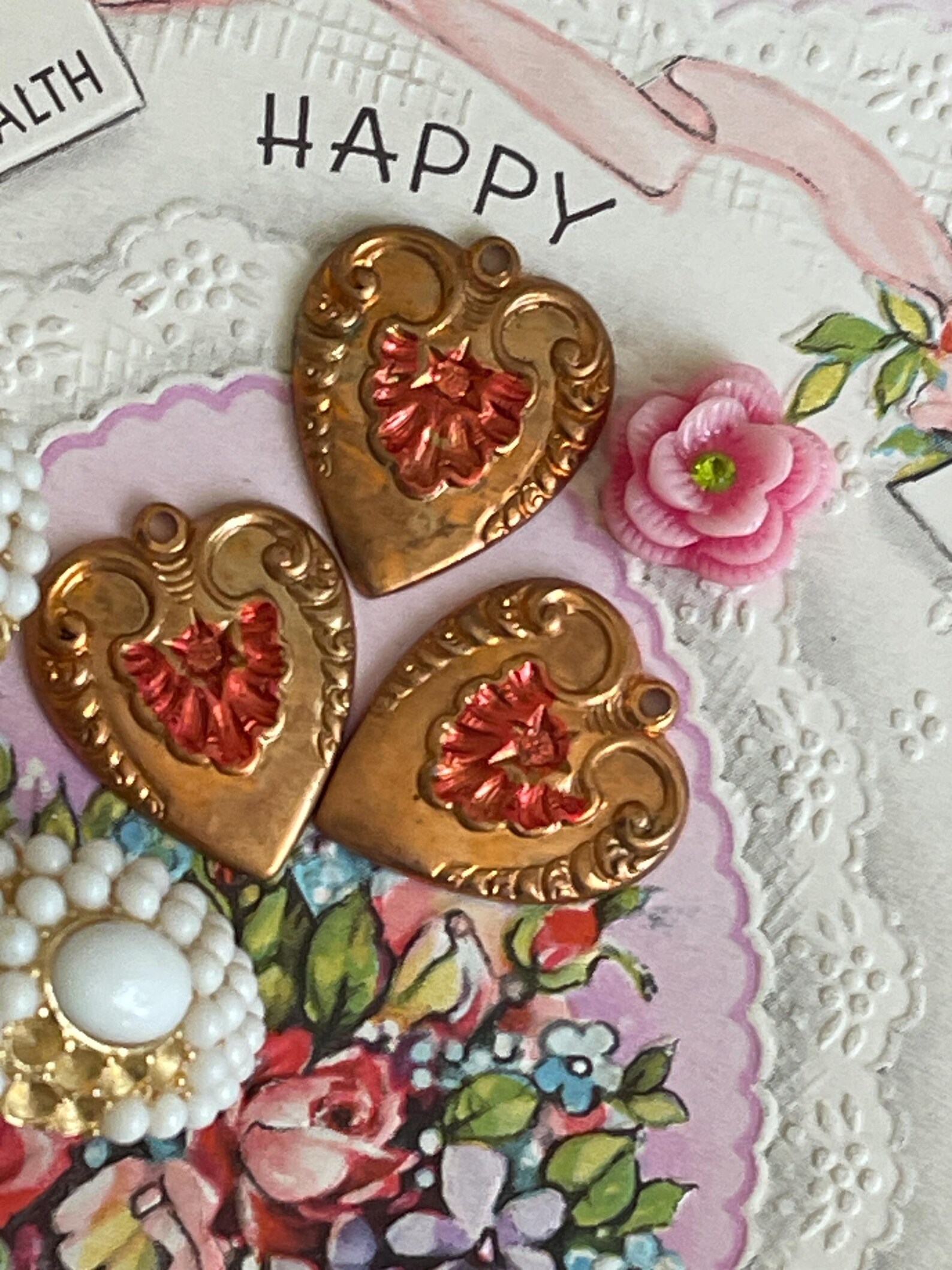Vintage Heart Charms, Brass, 3/4" X 7/8". 2pcs, Valentine’s Day Charms ...