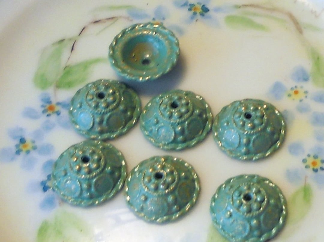 Vintage Bead Caps, 6pcs Ornate Patina Green Beads - Etsy