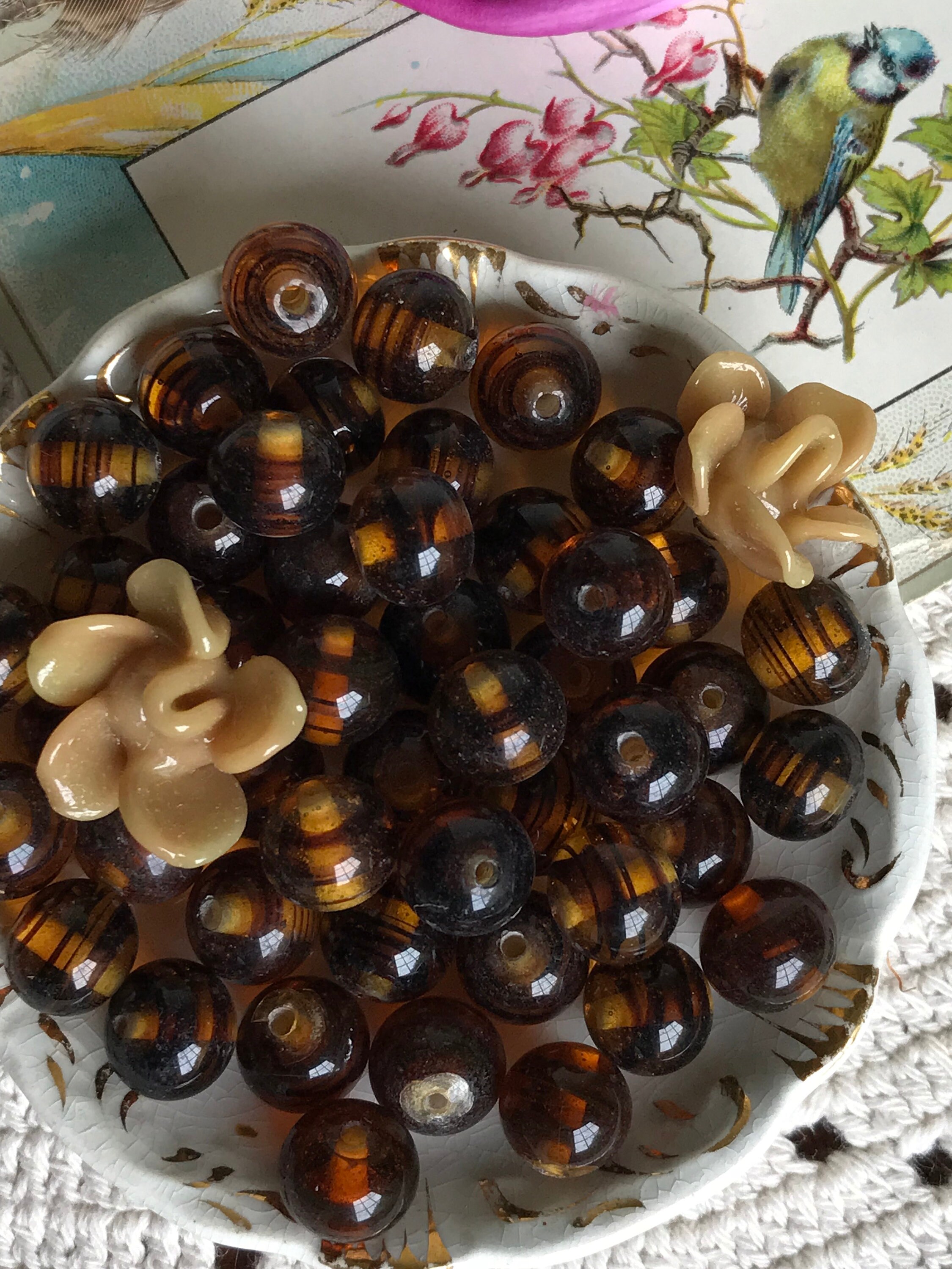 Vintage Glass Beads, Brown Tortoise Beads, 9mm NOS Brown, Mocha Beads ...