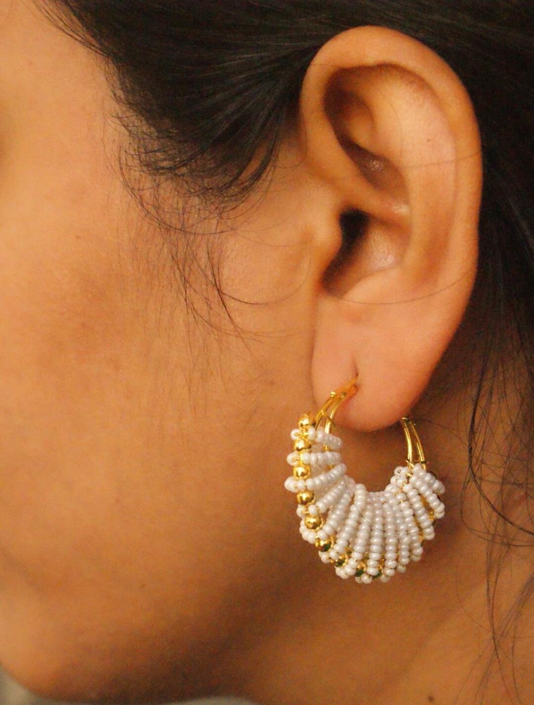 Small Jhumka Hoop Earrings, Indian Jewelry, White Black Pearl Hoop ...