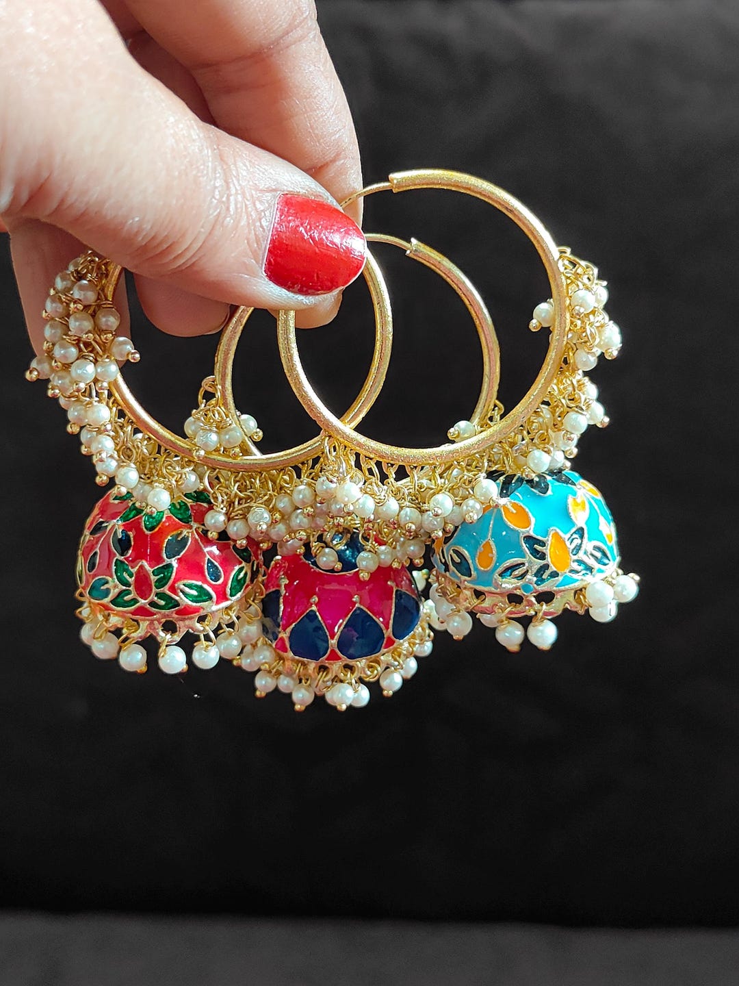 Multicolor Gold Jhumka Hoop Earrings, Indian Bridal Jewelry, Meenakari ...