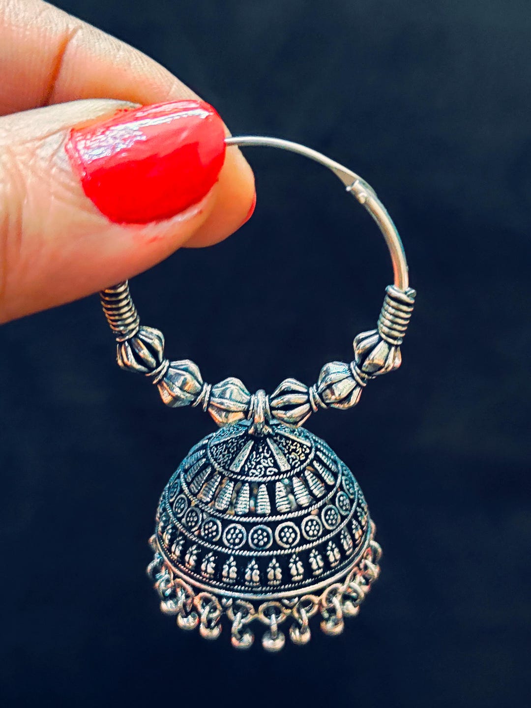 Big Silver Hoop Jhumka Earrings, Indian Jewelry, Oxidized Hoops With ...