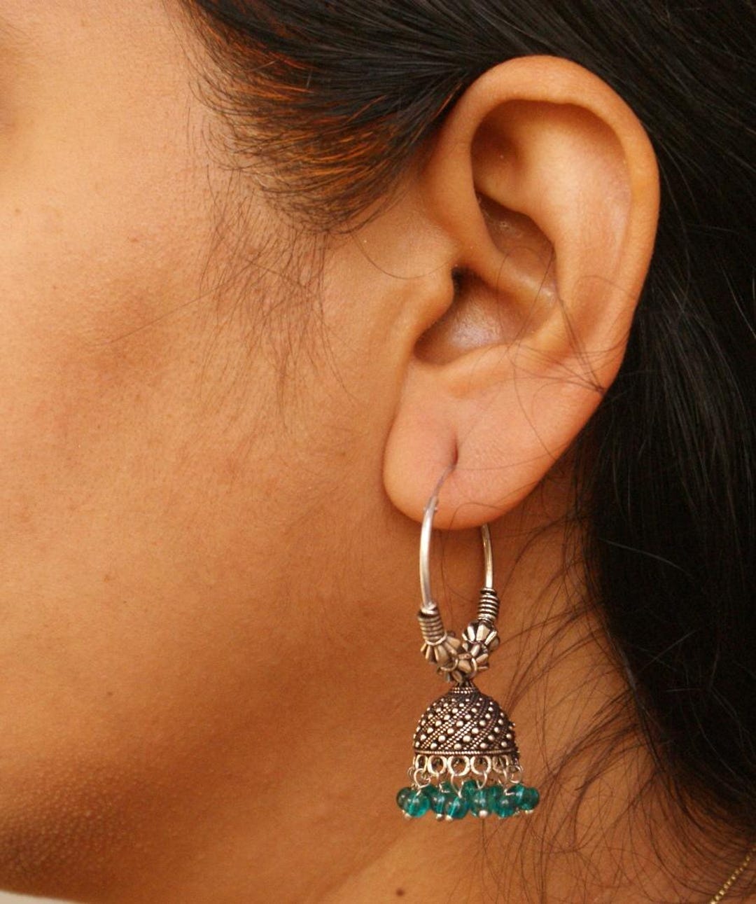 Small Silver Hoop Jhumka Earrings, Blue Pearl Hoops, Indian Jewelry ...