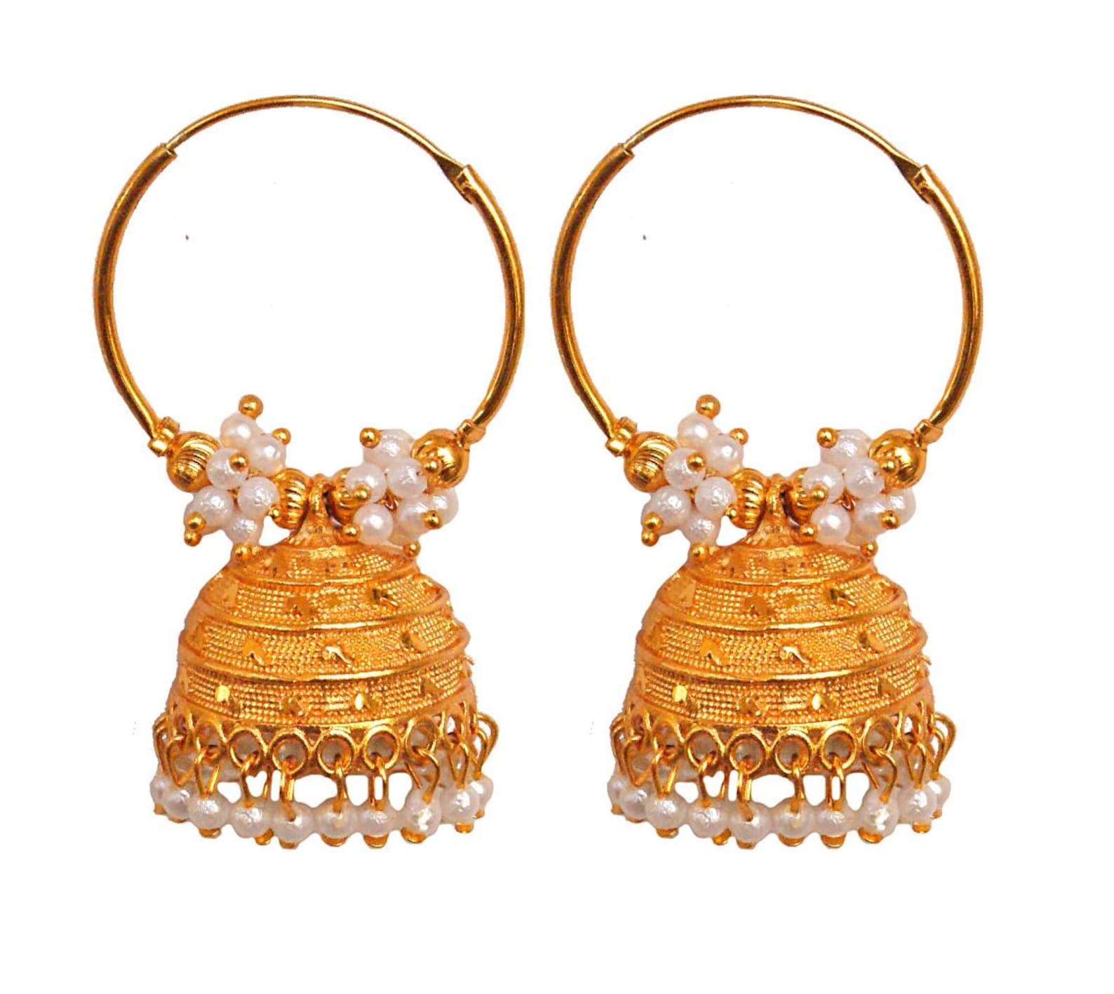 Big Gold Plated Jhumka Hoop Earrings, Indian Jewelry, White Pearl ...