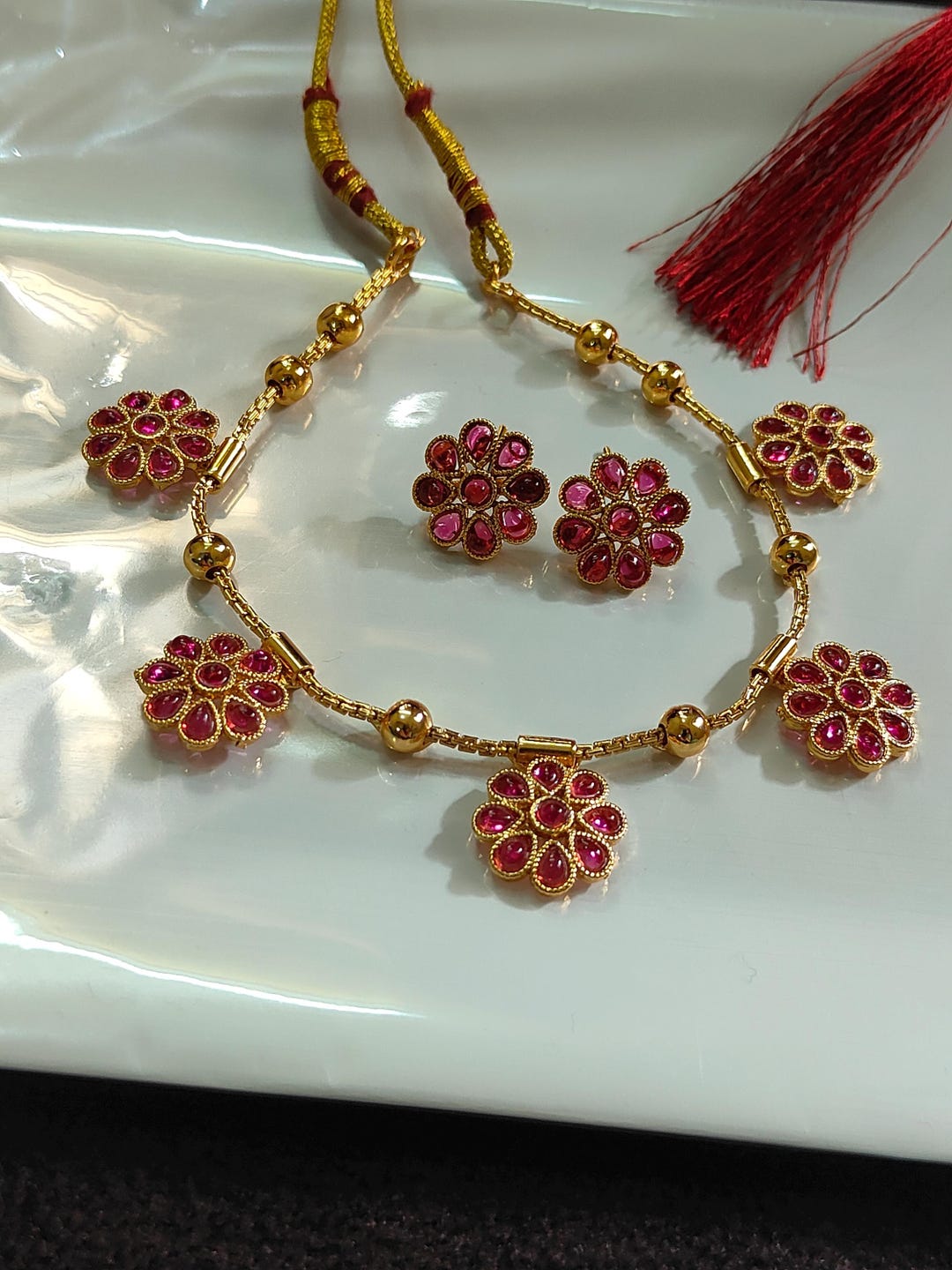 Kerala Kempu Stone Choker Set, Red, South Indian Necklace and Earrings ...