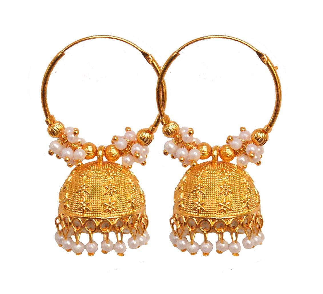 Big Gold Plated Jhumka Hoop Earrings, Indian Jewelry, White Pearl ...