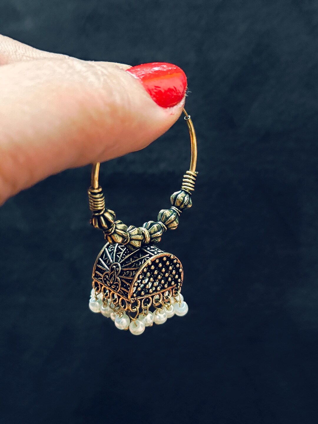 Big Gold Hoop Jhumka Earrings, White Pearl Hoops, Indian Jewelry ...