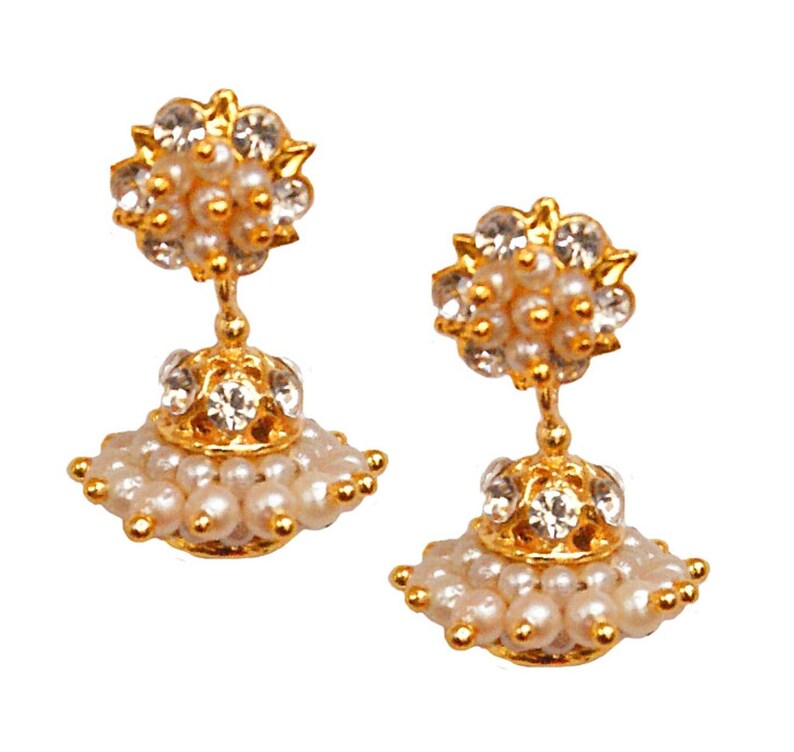 White Gold Jhumka Earrings, South Indian Jewelry, Cluster Pearl Jhumka ...