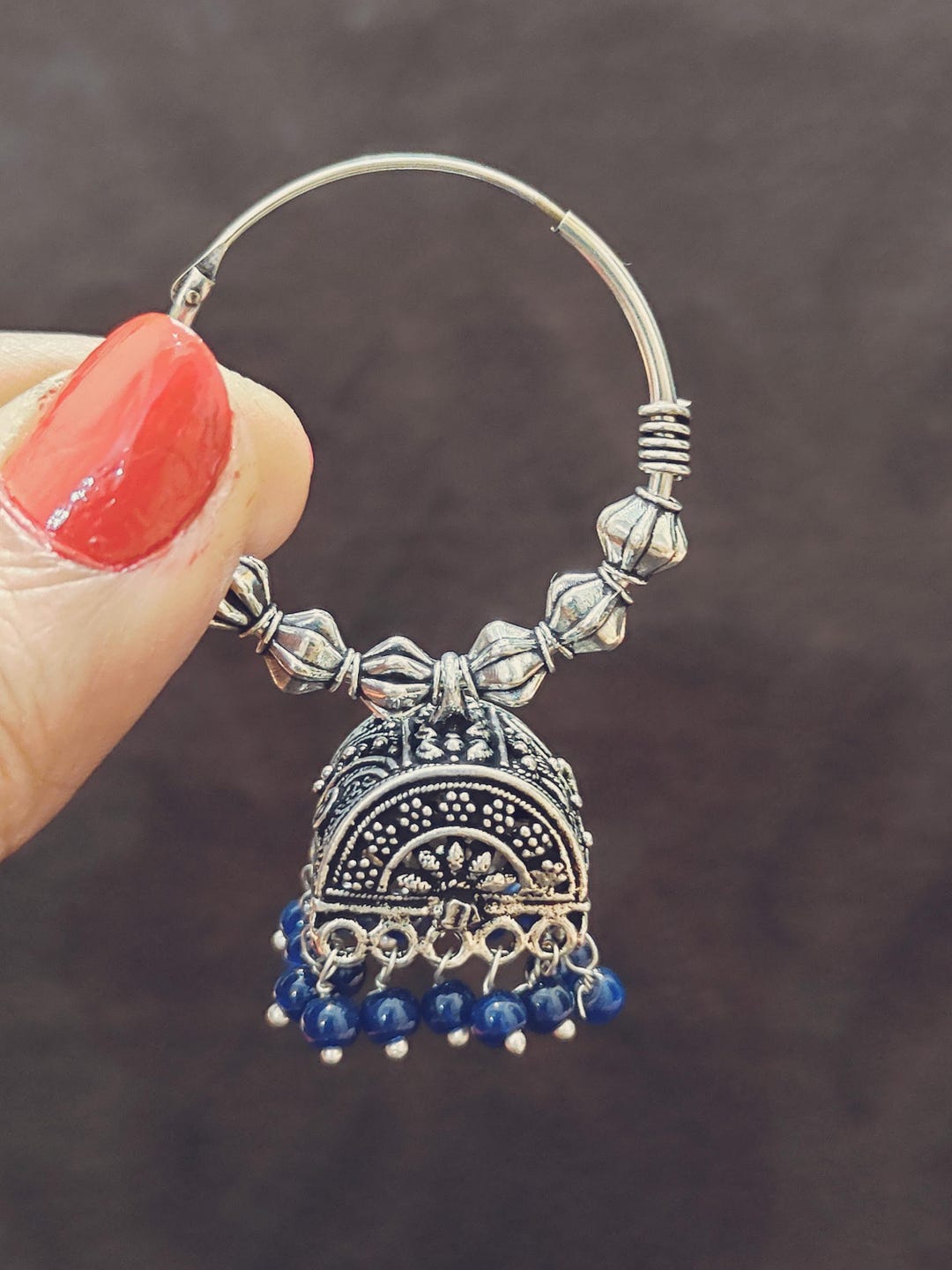 Big Silver Hoop Jhumka Earrings, Blue Pearl Hoops, Indian Jewelry ...