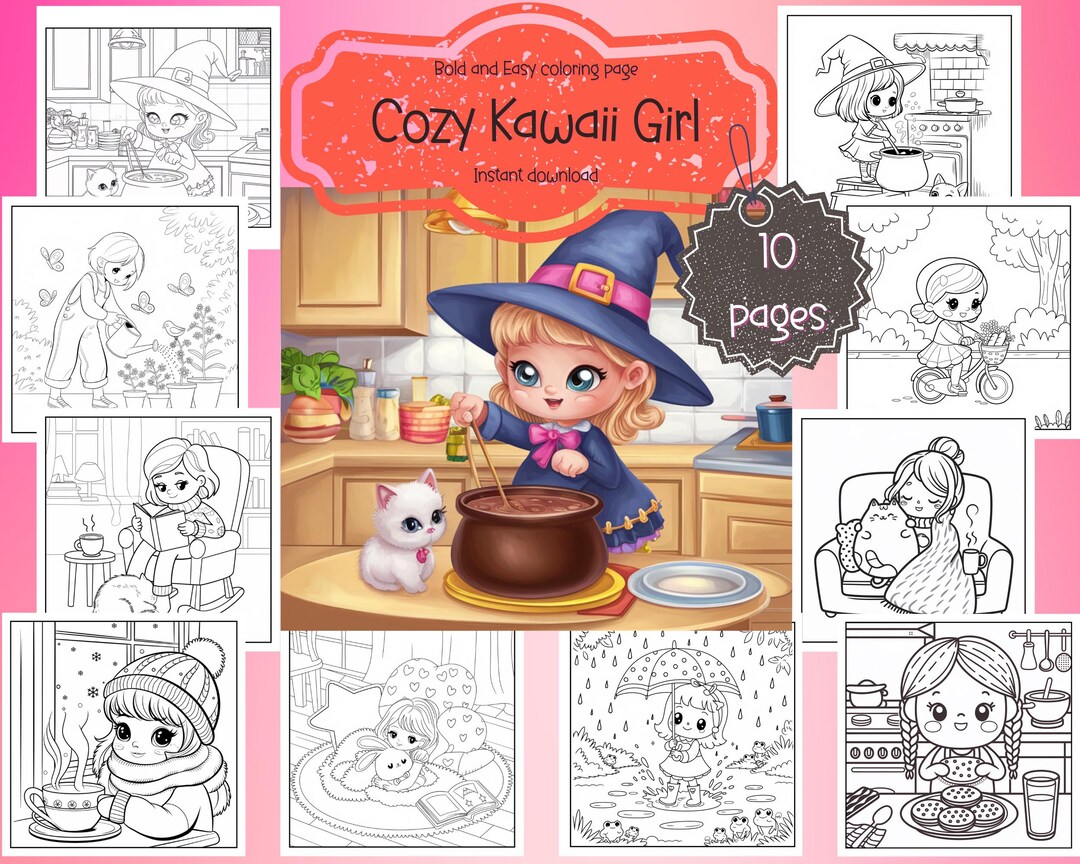 Bold and Easy Coloring Book, Cozy Girl Coloring Pages, Cute Kawaii ...